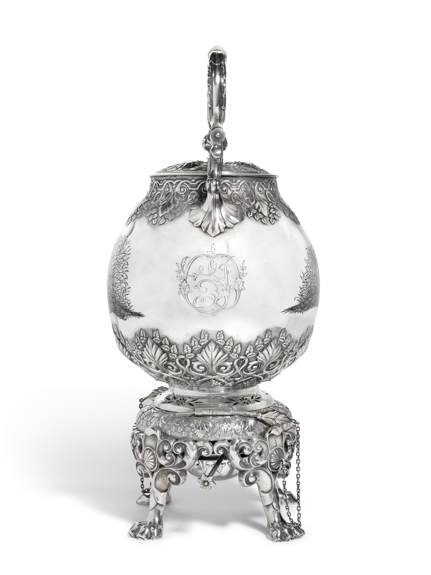 A RARE SILVER AND CHAMPLEVÉ ENAMEL SAMOVAR ON STAND, SHANKS AND BOLIN ...