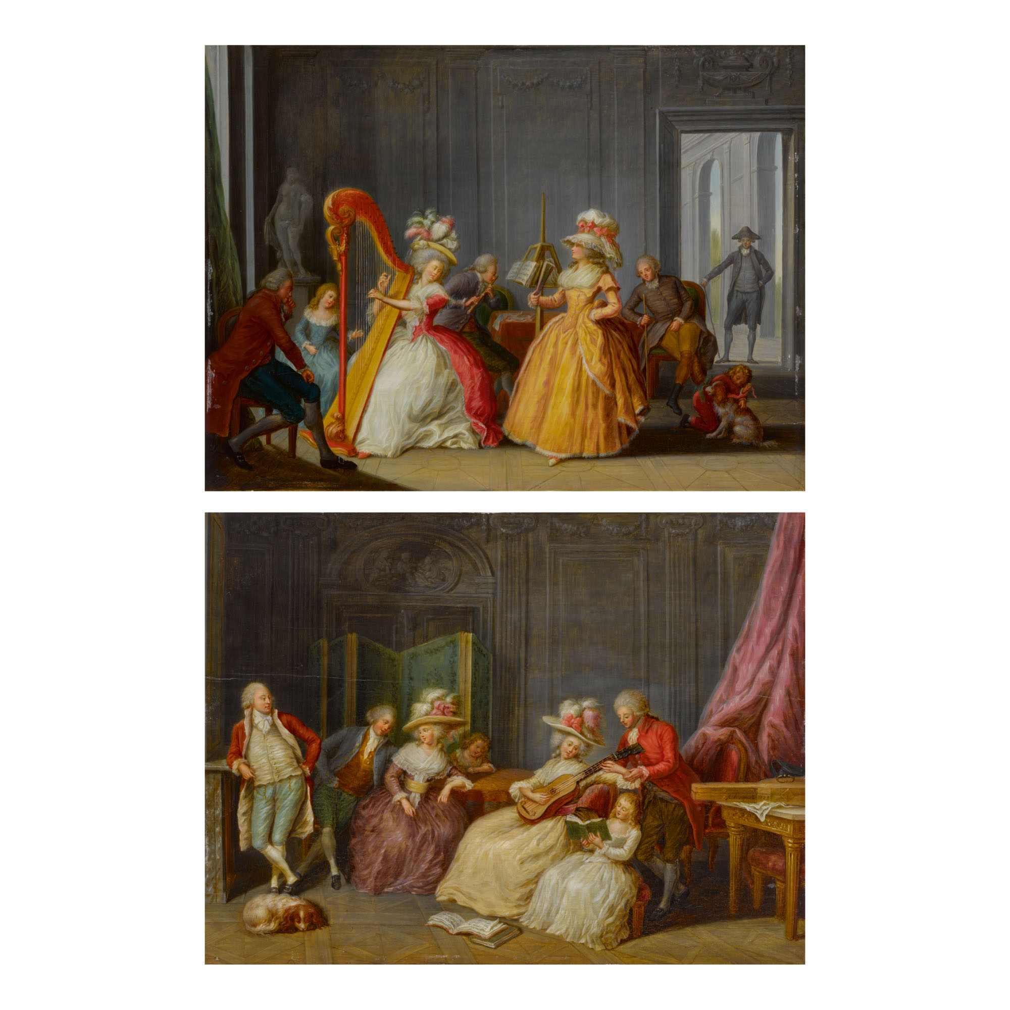 A CONCERT IN AN ELEGANT INTERIOR, WITH A HARP PLAYER AND A FLUTIST ...