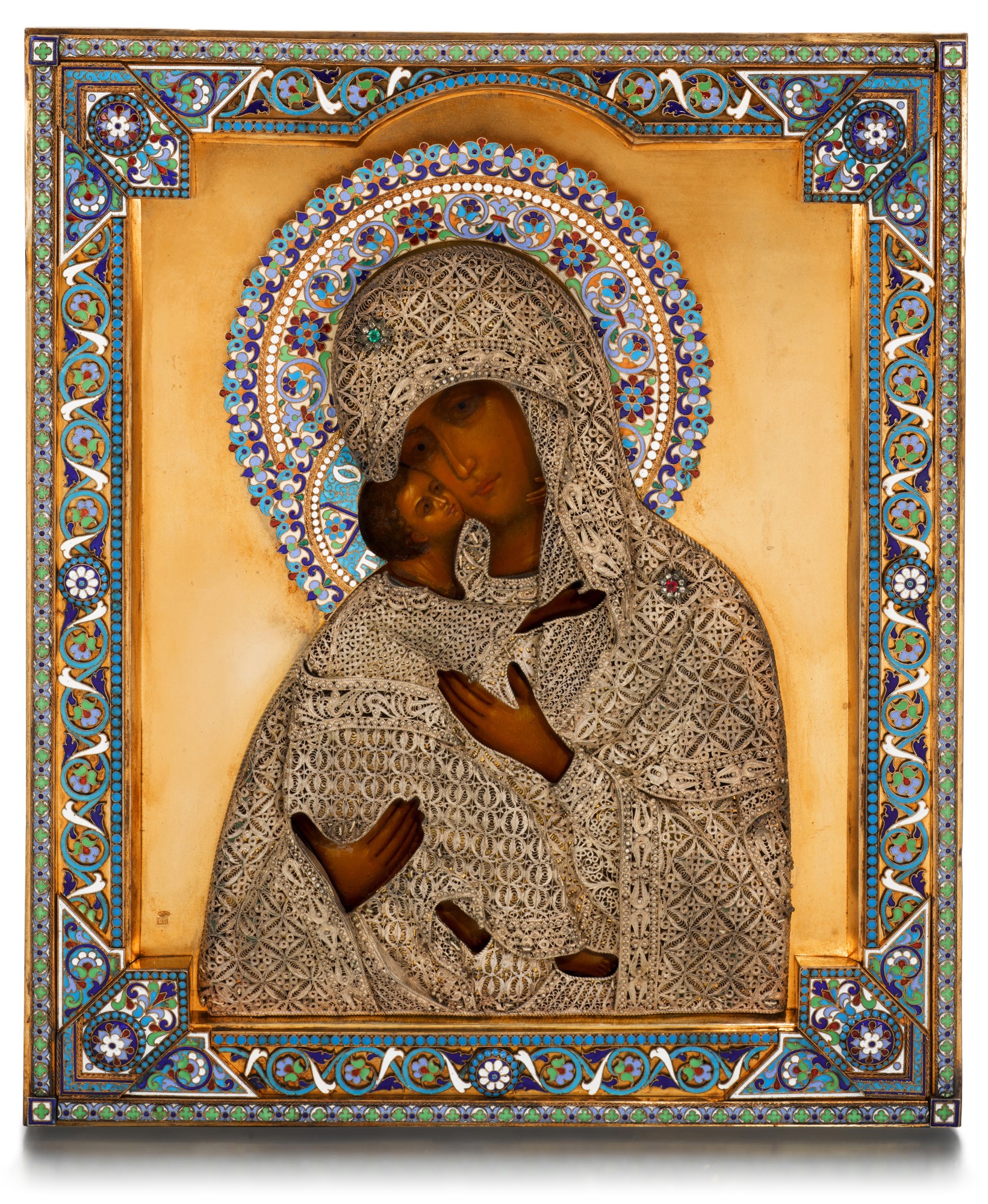 A silver-gilt, filigree, cloisonné enamel icon of Virgin of Vladimir ...