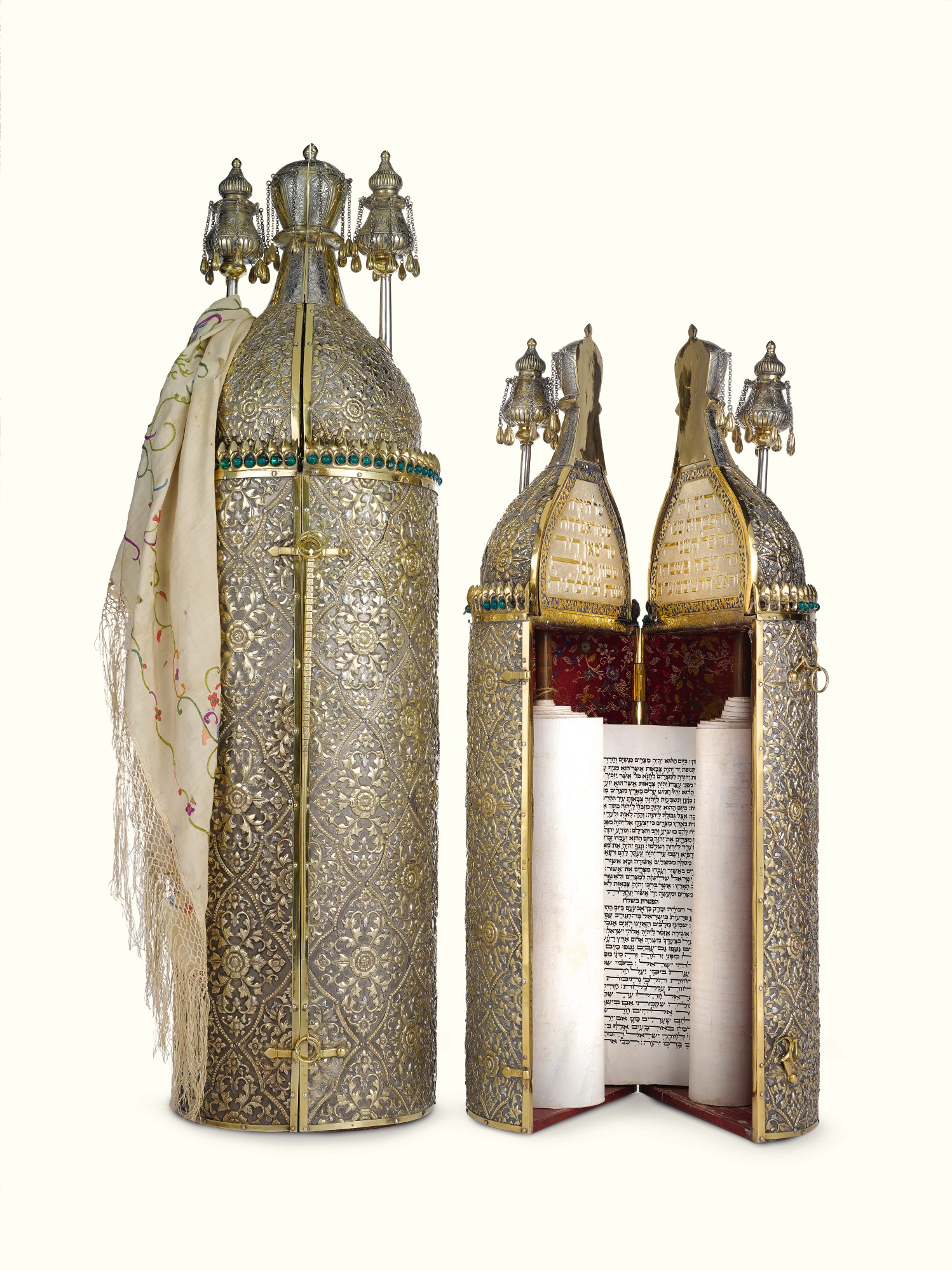A RARE SET OF CHINESE EXPORT PARCEL-GILT SILVER-CASED TORAH SCROLL AND ...