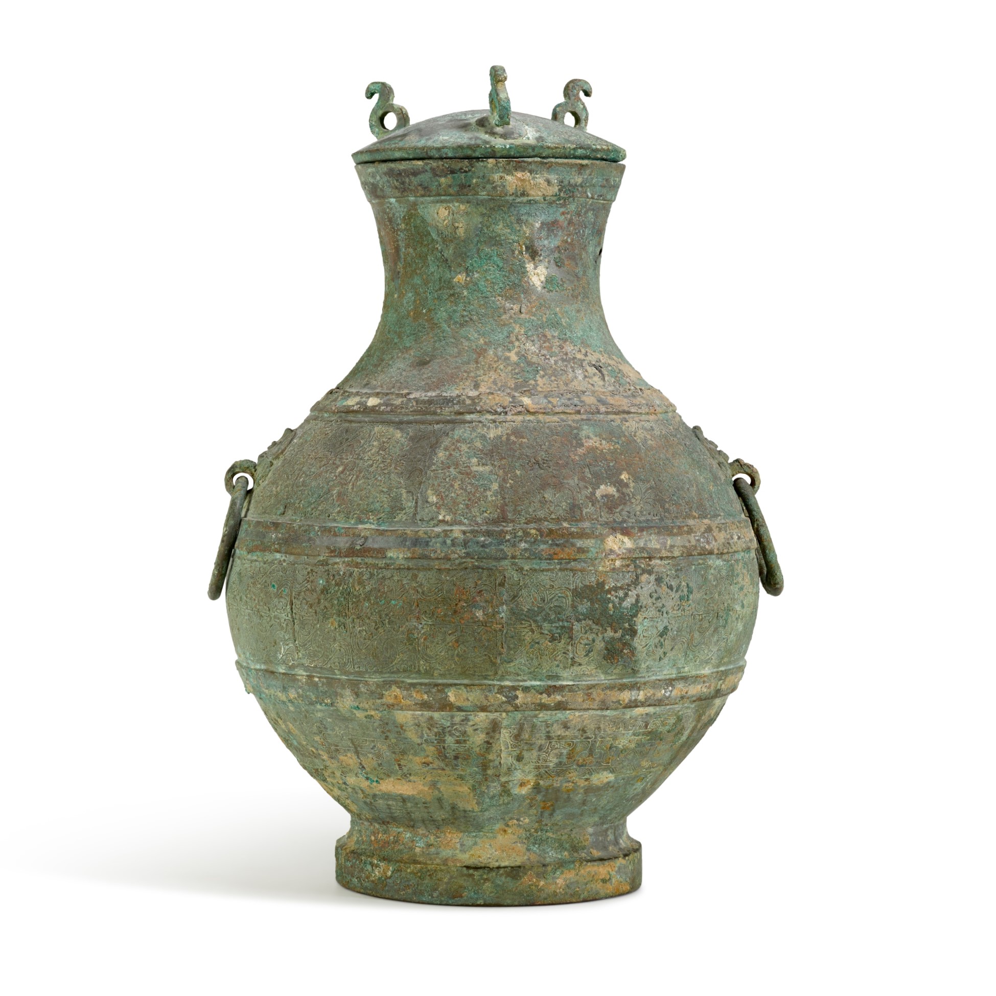 An archaic copper-inlaid bronze wine vessel, hu, Eastern Zhou dynasty ...