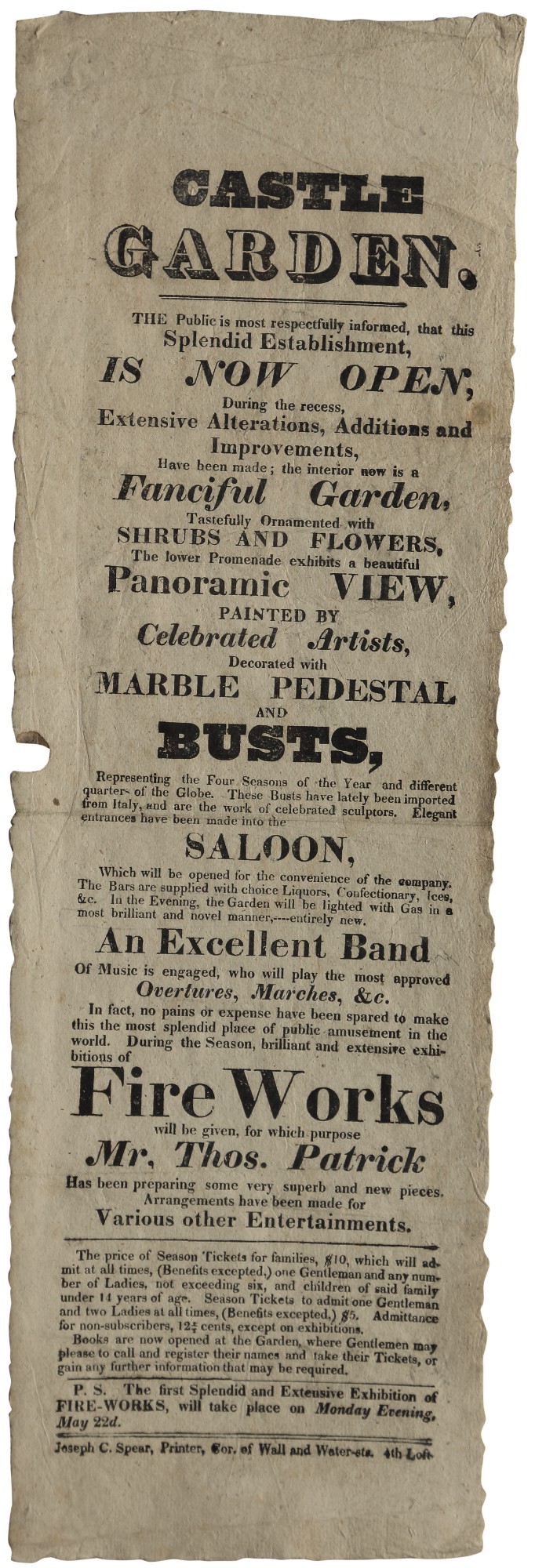 [Broadside]. Castle Garden. [New York, 1826] | Fine Manuscript and ...