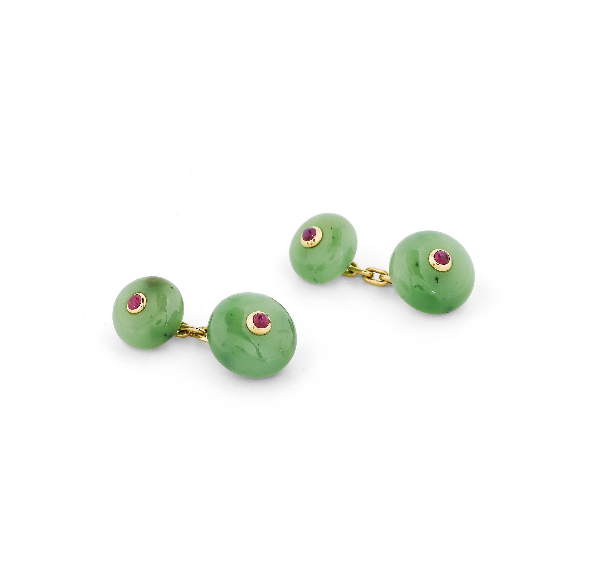 Paire de boutons de manchette néphrite et rubis | Pair of nephrite and ruby cufflinks | Fine ...