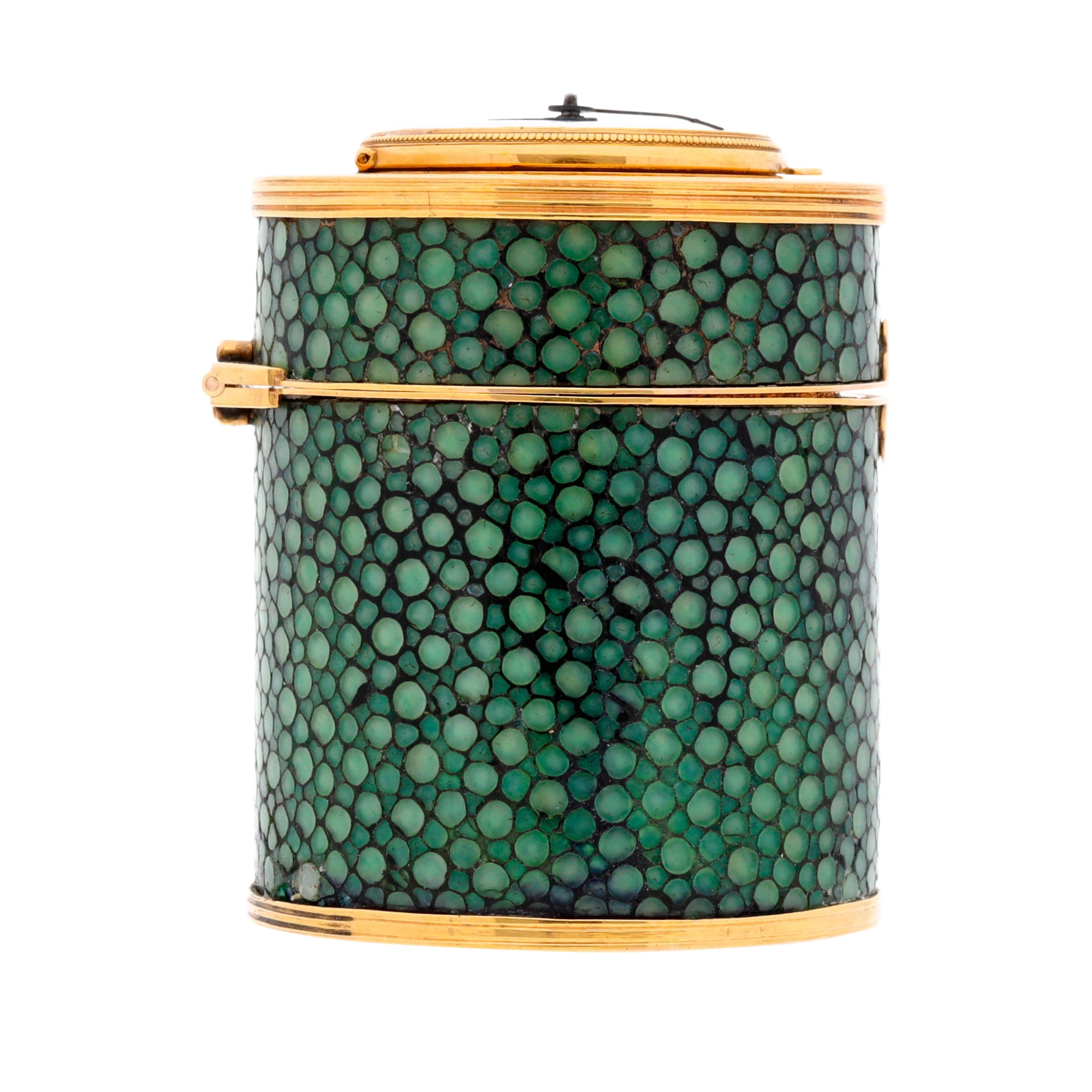 A gold and shagreen cylindrical box with inset watch Circa 1820, no ...