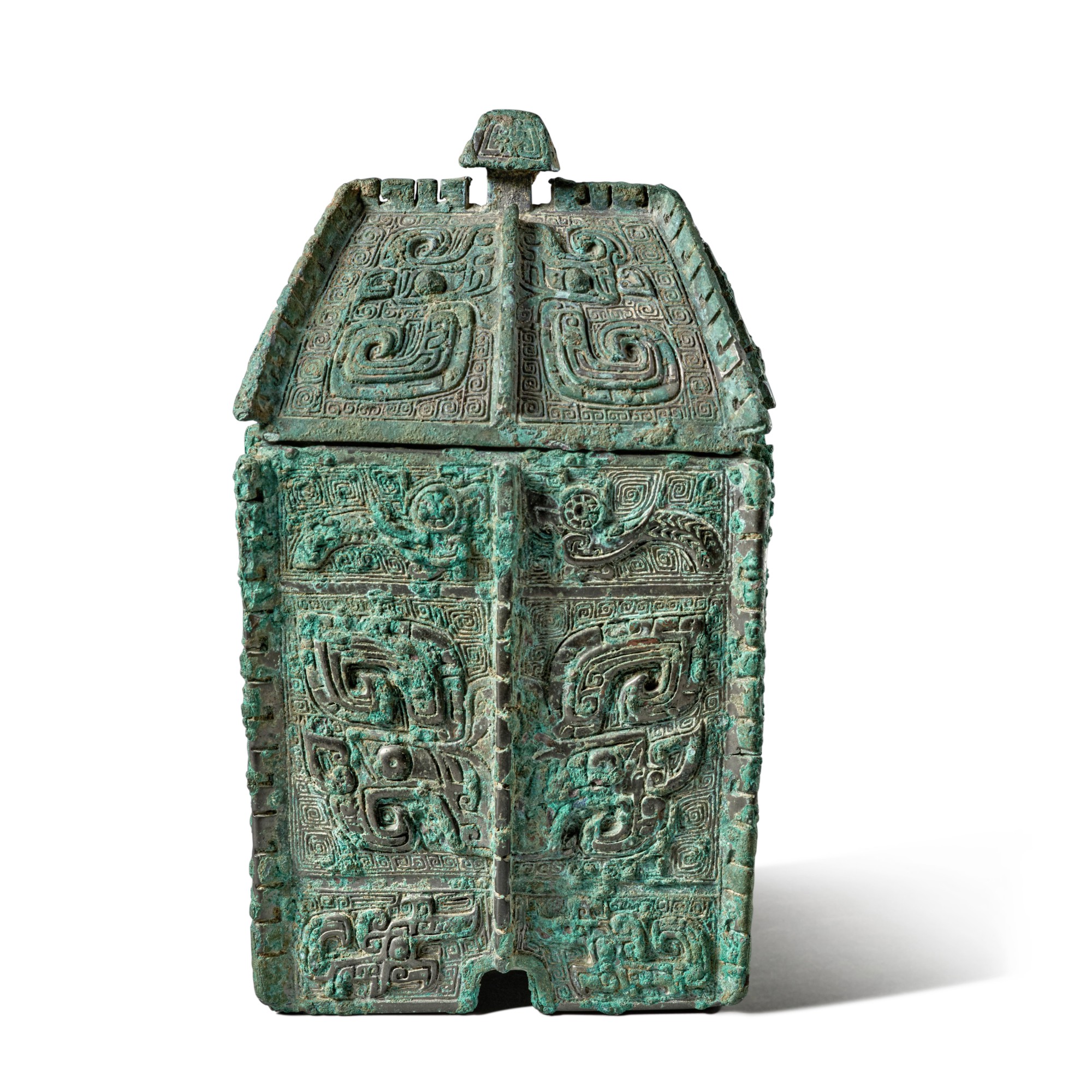 An important and rare archaic bronze ritual wine vessel and cover (Fang ...