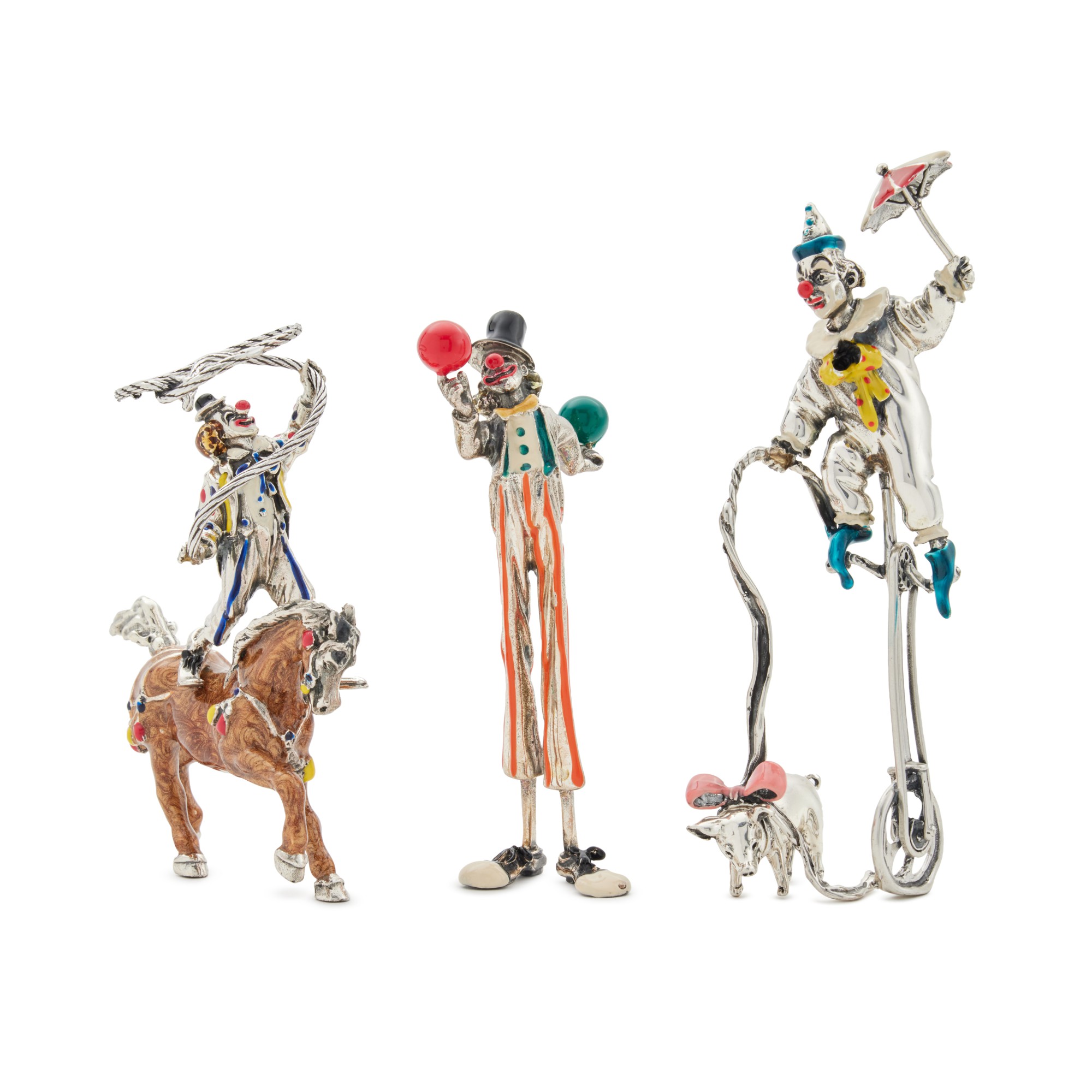 A group of seventeen Italian silver and enamel clowns, designed by ...