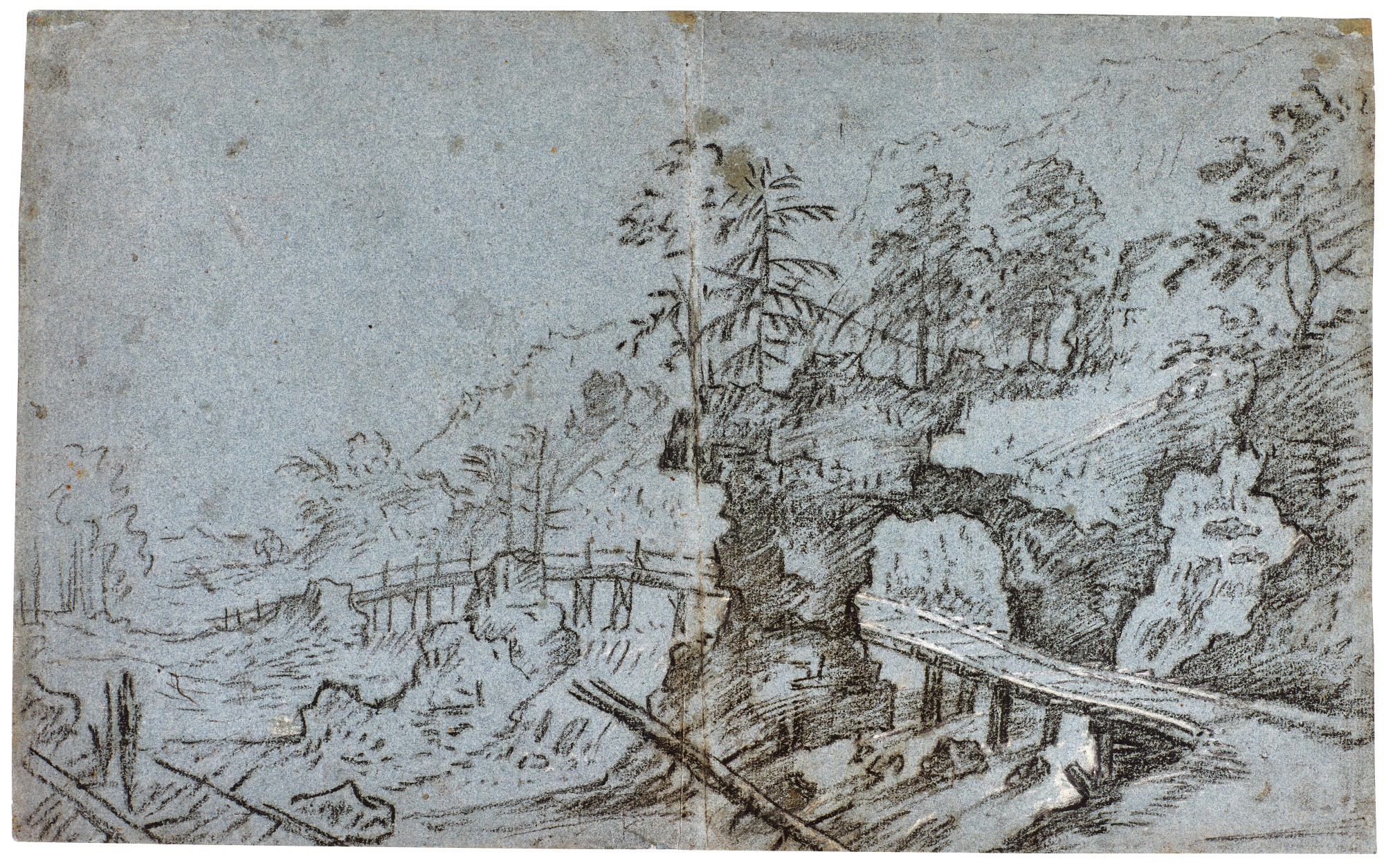 PRAGUE SCHOOL, CIRCA 1600 | RECTO: RUGGED RIVER LANDSCAPE WITH A BRIDGE ...