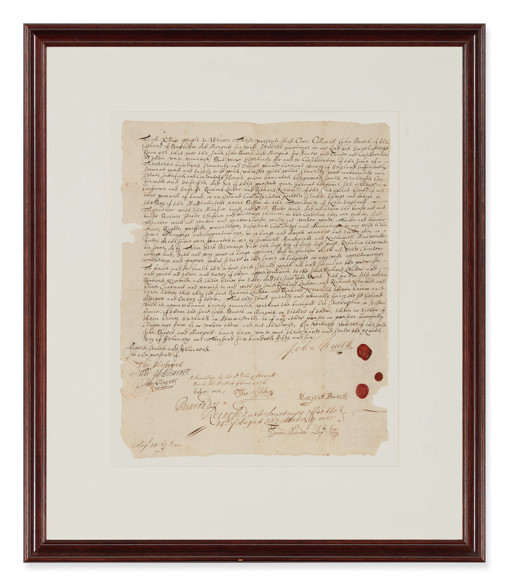 Burch, John. Manuscript indenture, granting Noddle's Island to John ...