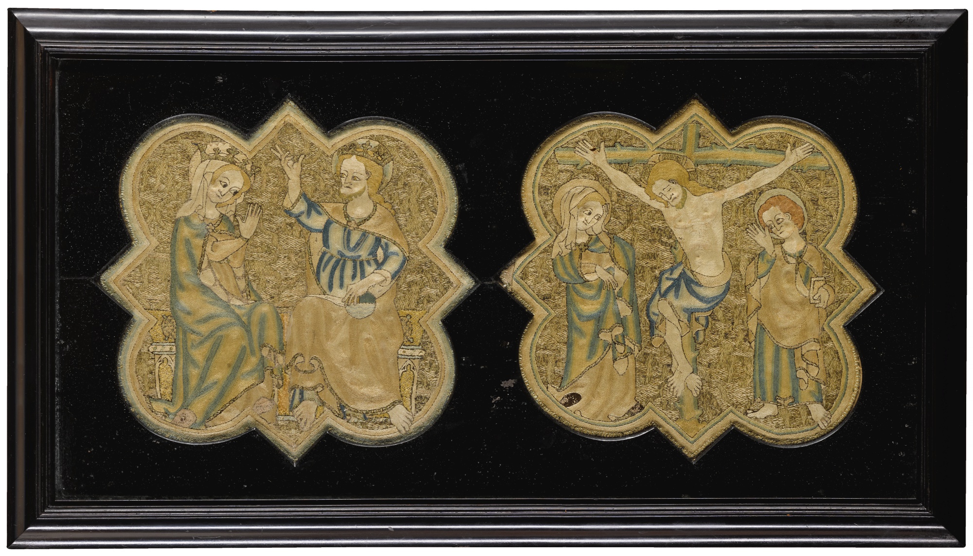 TWO MEDIEVAL OPUS ANGLICANUM EMBROIDERED AND METAL-THREAD BURSE PANELS ...