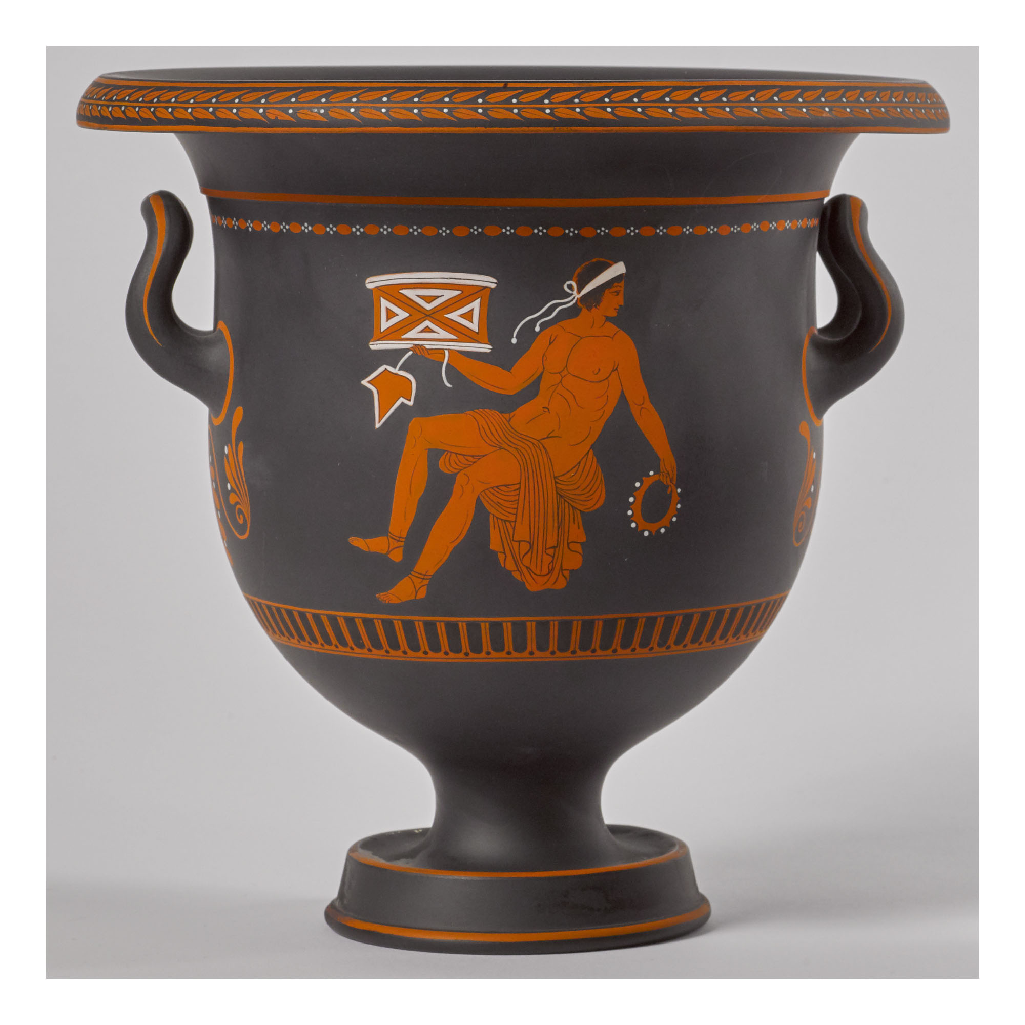 A WEDGWOOD BLACK BASALT 'ENCAUSTIC'-DECORATED CAMPANA VASE LATE 18TH ...