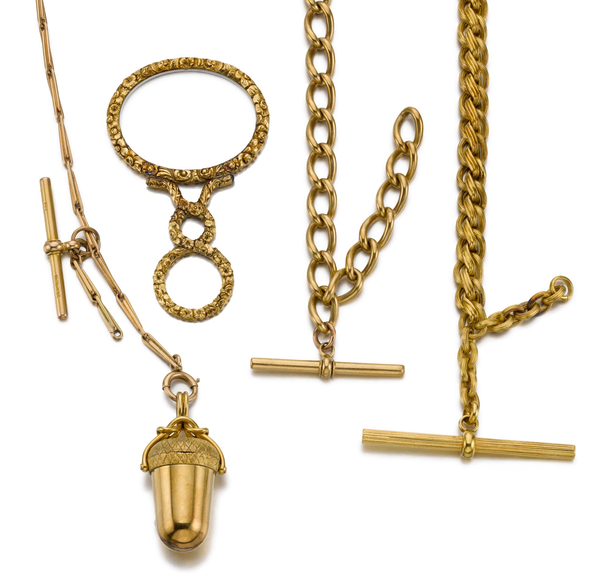 VARIOUS, THREE WATCH CHAINS AND ONE EYE GLASS | Gentlemen’s Accessories ...