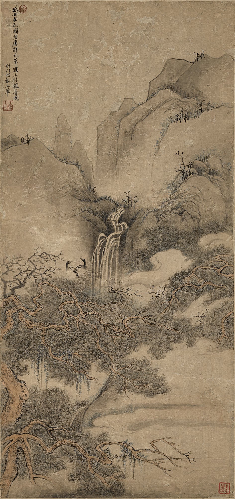 WANG HUI 1632-1717 王翬 | MAGPIES, PINE AND WATERFALL AFTER TANG YIN ...