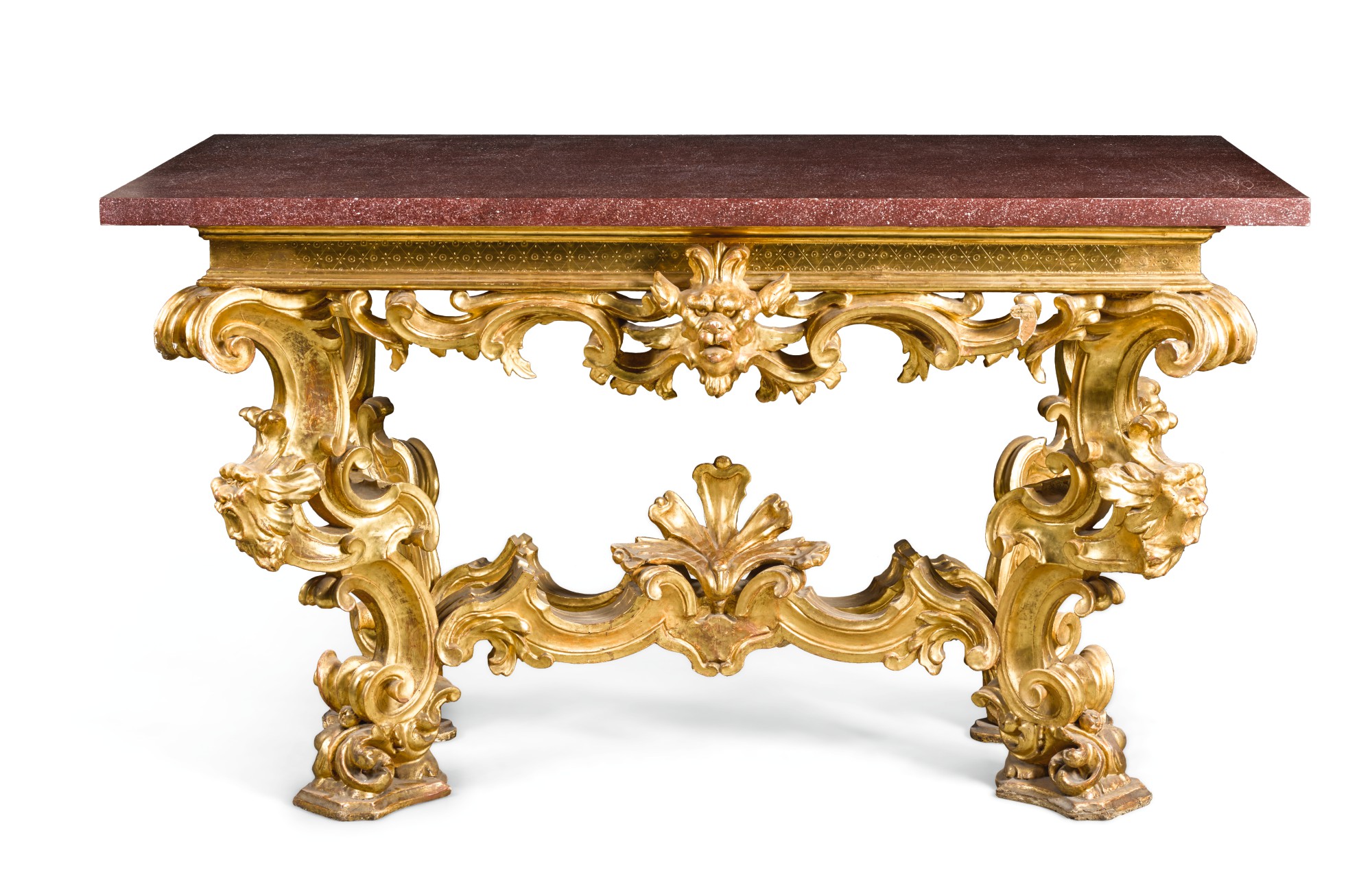 AN ITALIAN CARVED GILTWOOD CONSOLE TABLE, ROMAN, 18TH CENTURY AND LATER ...
