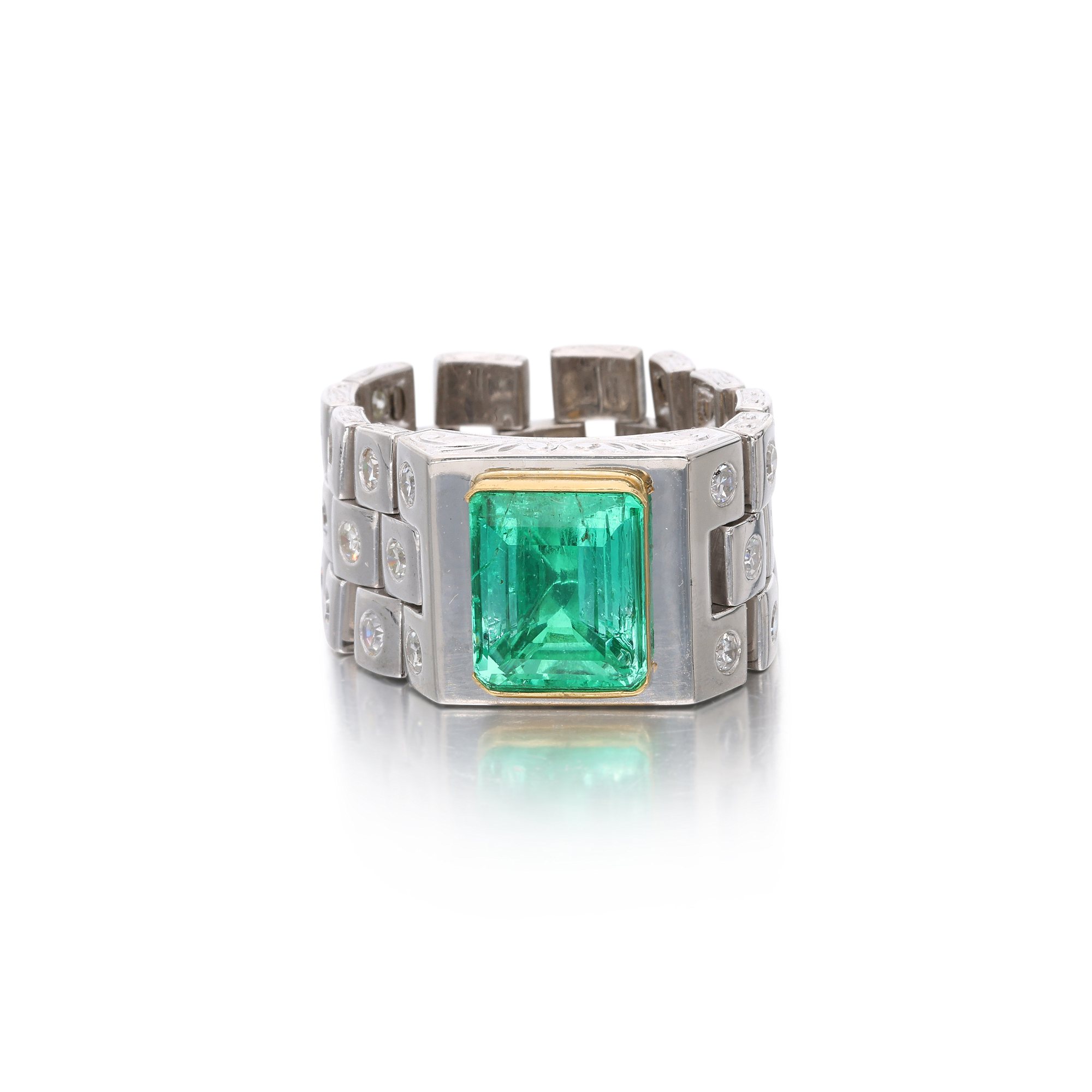 Platinum, Gold, 3.43ct Colombian Emerald And Diamond Link Ring ...