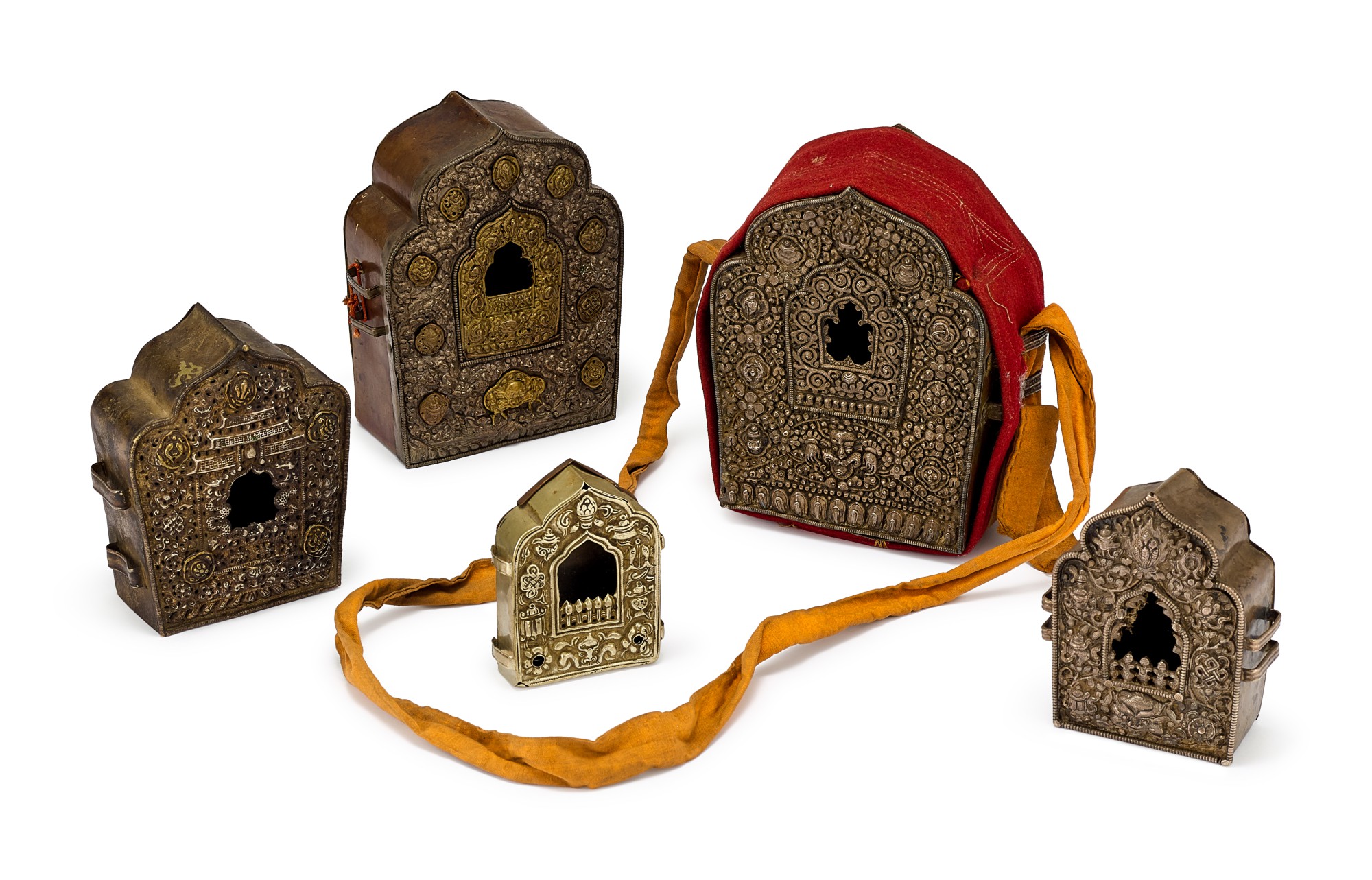 A SET OF FIVE COPPER AND SILVER ALLOY G'AU RELIQUARY BOXES, TIBET, 19TH ...