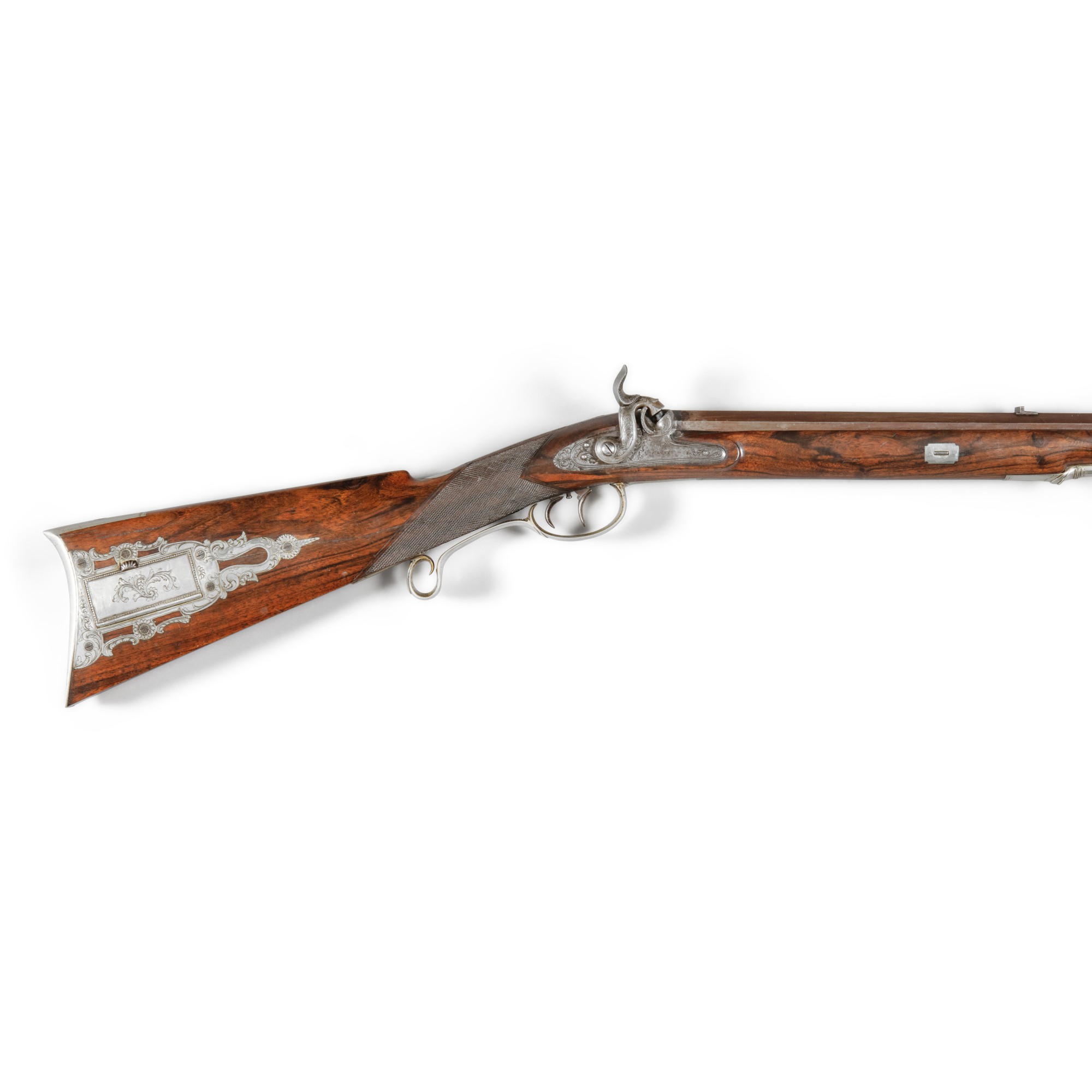 Carved Walnut and Engraved Steel German Silver-Mounted Percussion Rifle ...