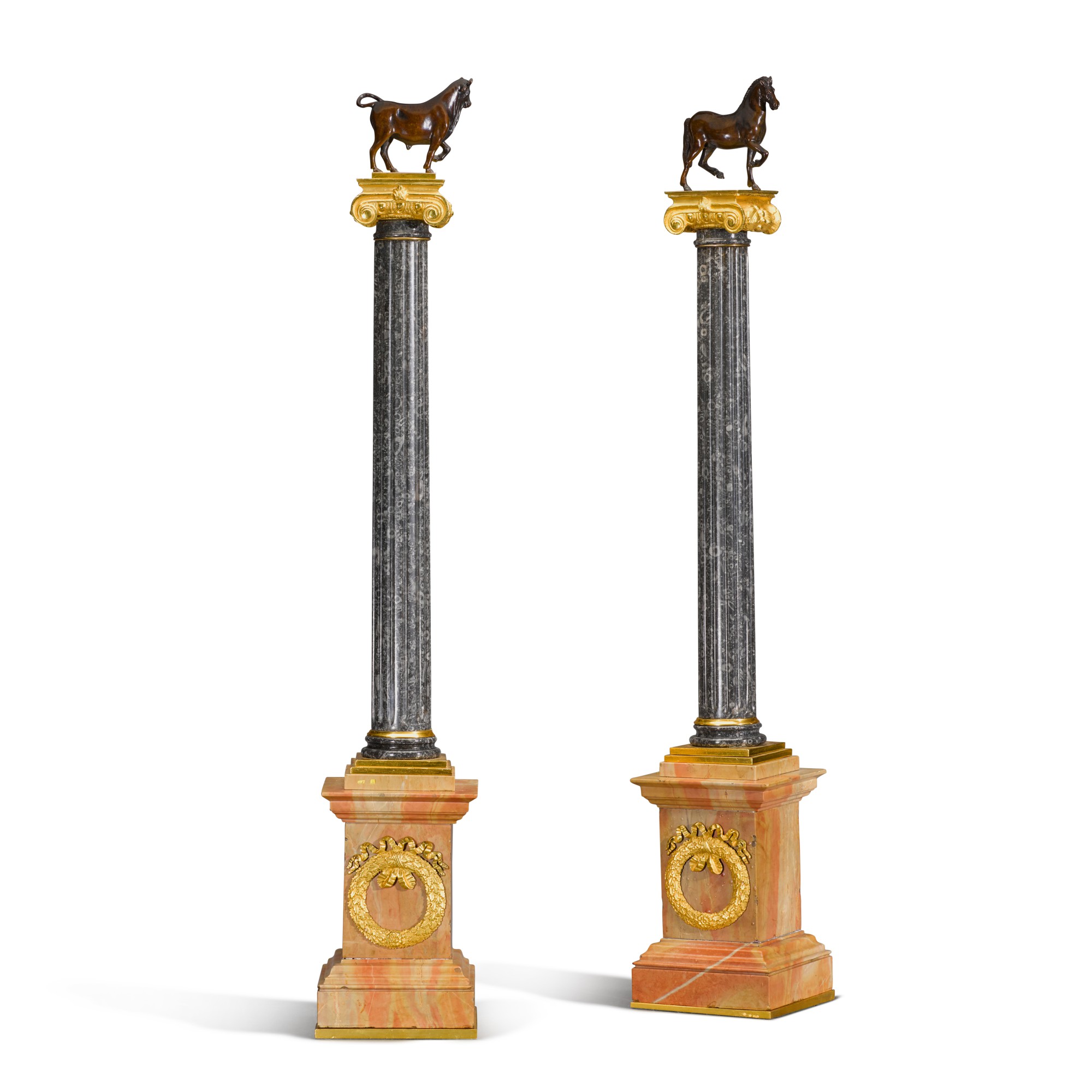 A pair of Empire style gilt-bronze mounted fossilized grey marble ...