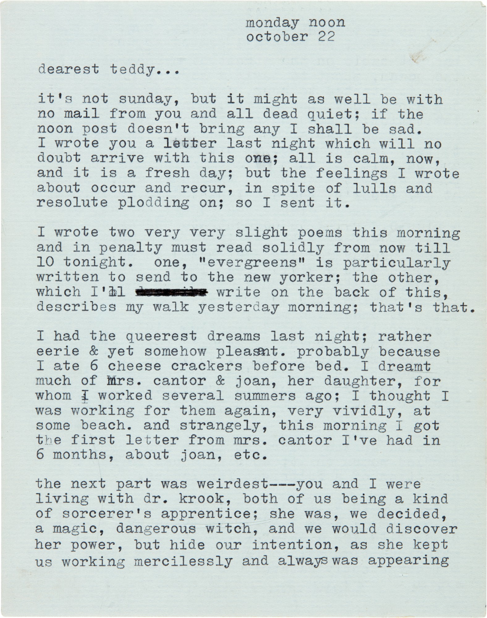 Sylvia Plath | Typed letter signed, to Ted Hughes, "I had the queerest ...