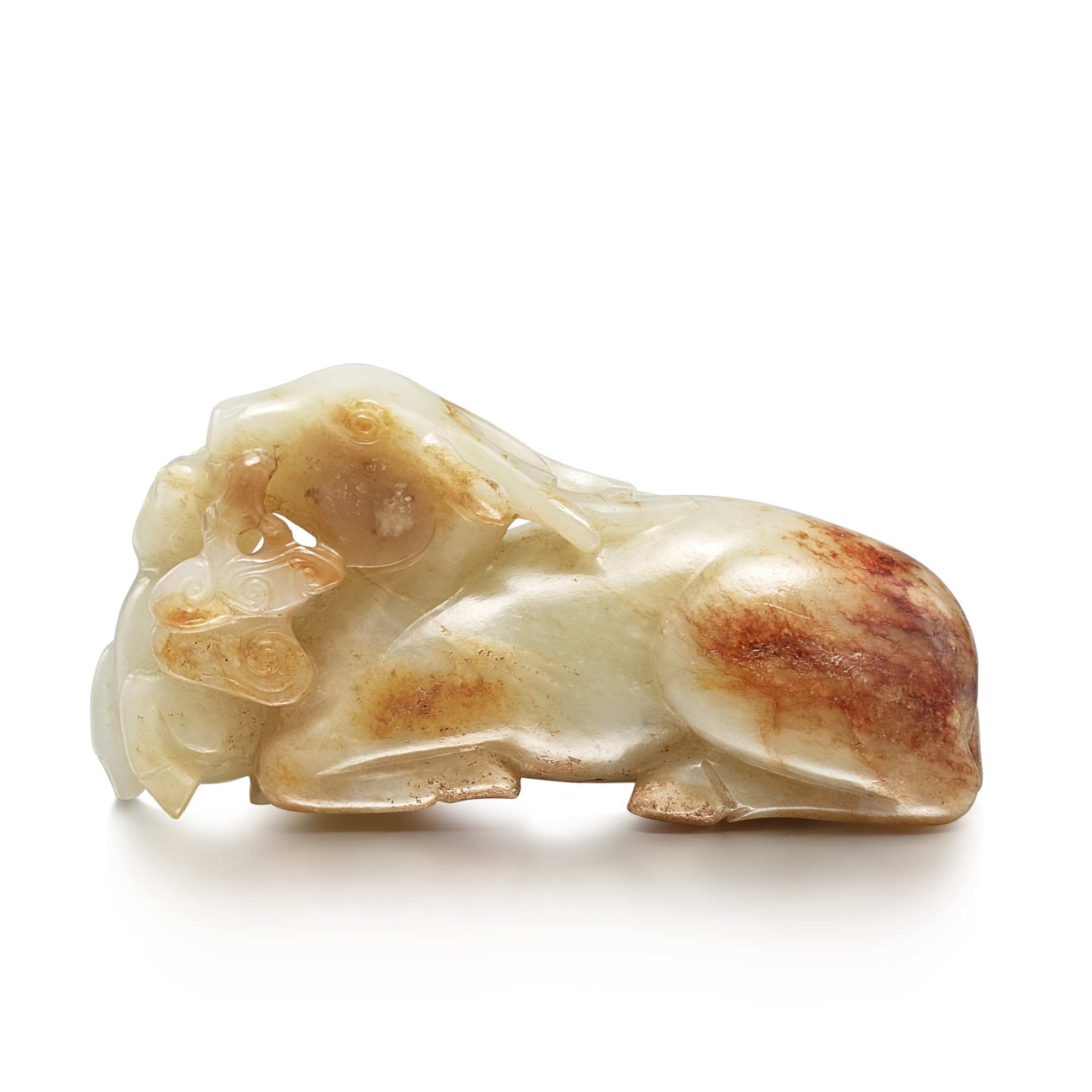 A pale celadon and russet jade 'deer' group, Ming dynasty 明 青白玉臥鹿銜靈芝 ...