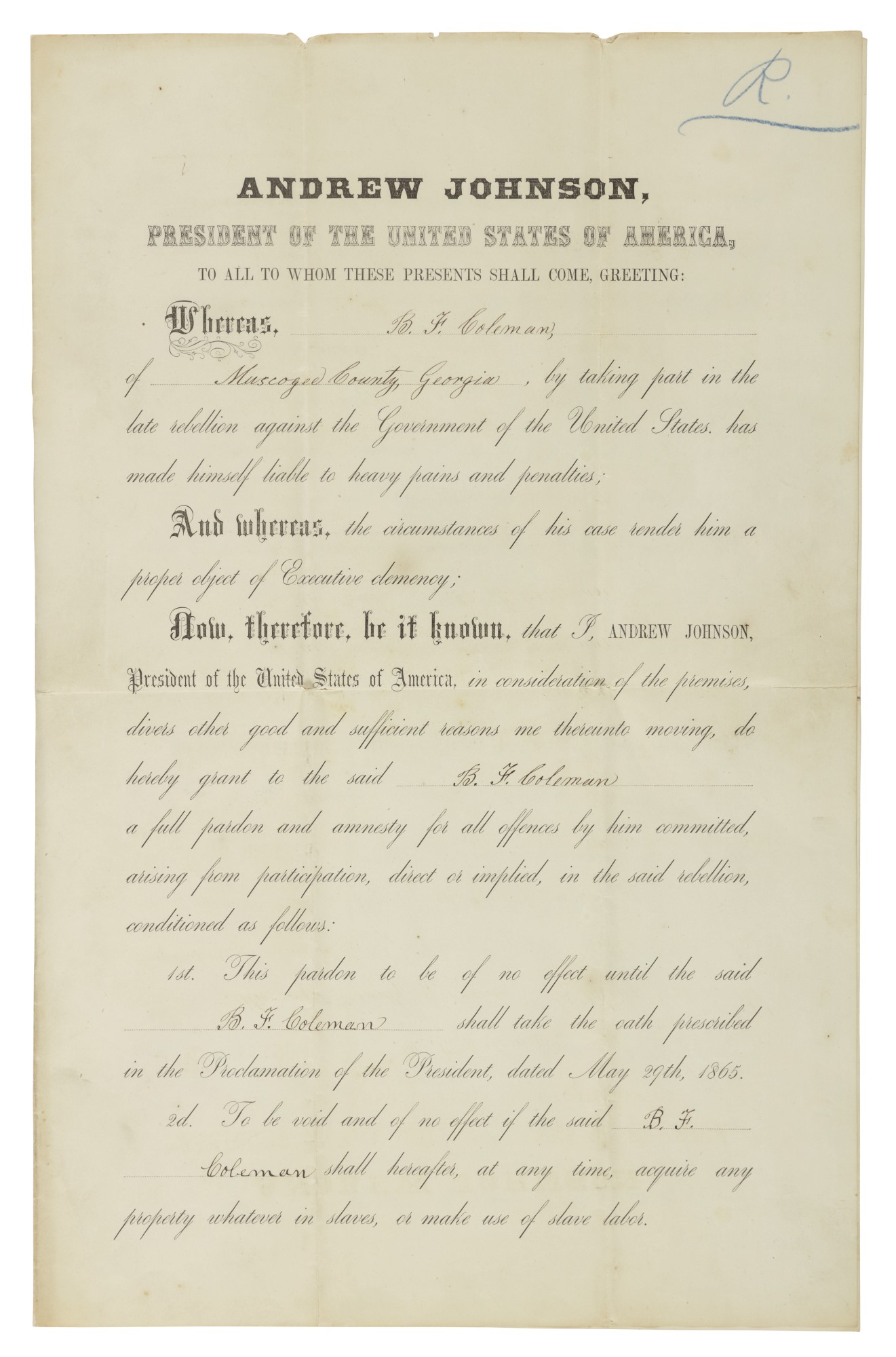 JOHNSON, ANDREW | Partially printed document, being a full pardon for B ...