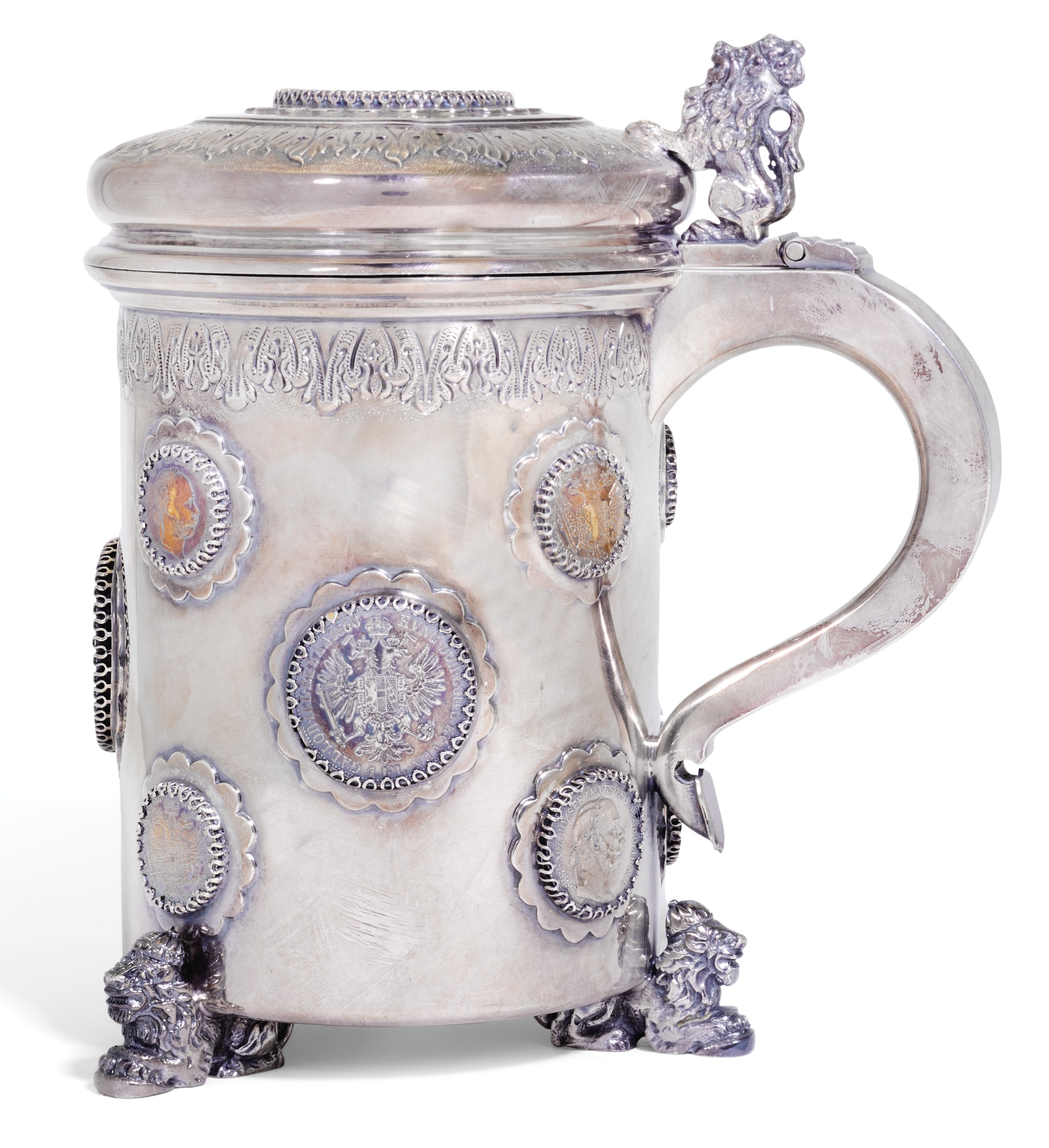 AN CONTINENTAL SILVER COIN-SET TANKARD | MAKER'S MARK PVT, POSSIBLY ...