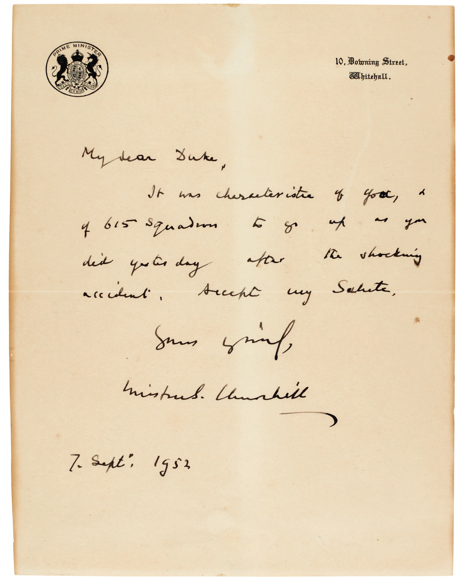 CHURCHILL | Autograph letter signed, to Neville Duke, 7 September 1952 ...