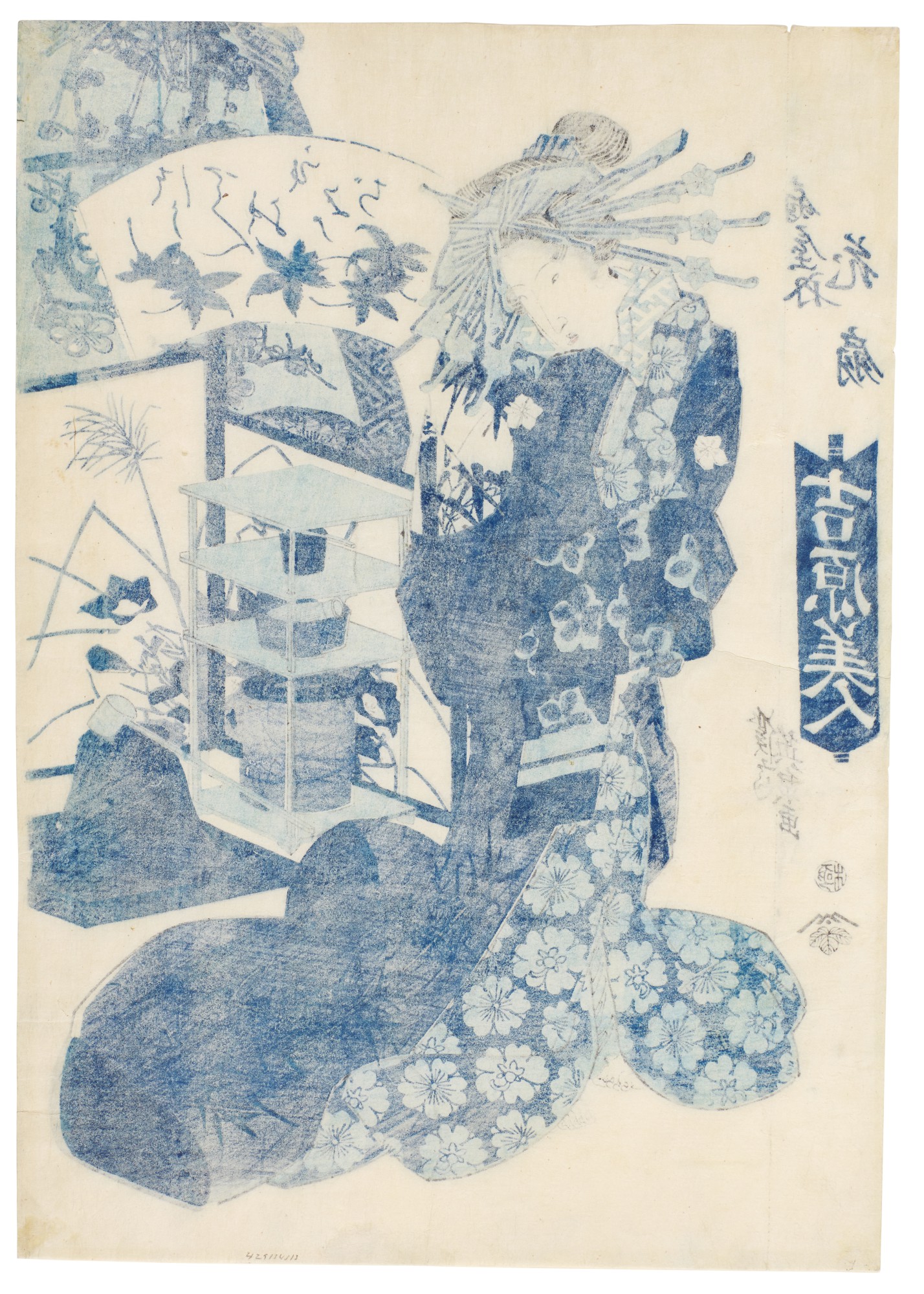 Keisai Eisen (1790-1848) Two aizuri-e woodblock prints, Edo period ...
