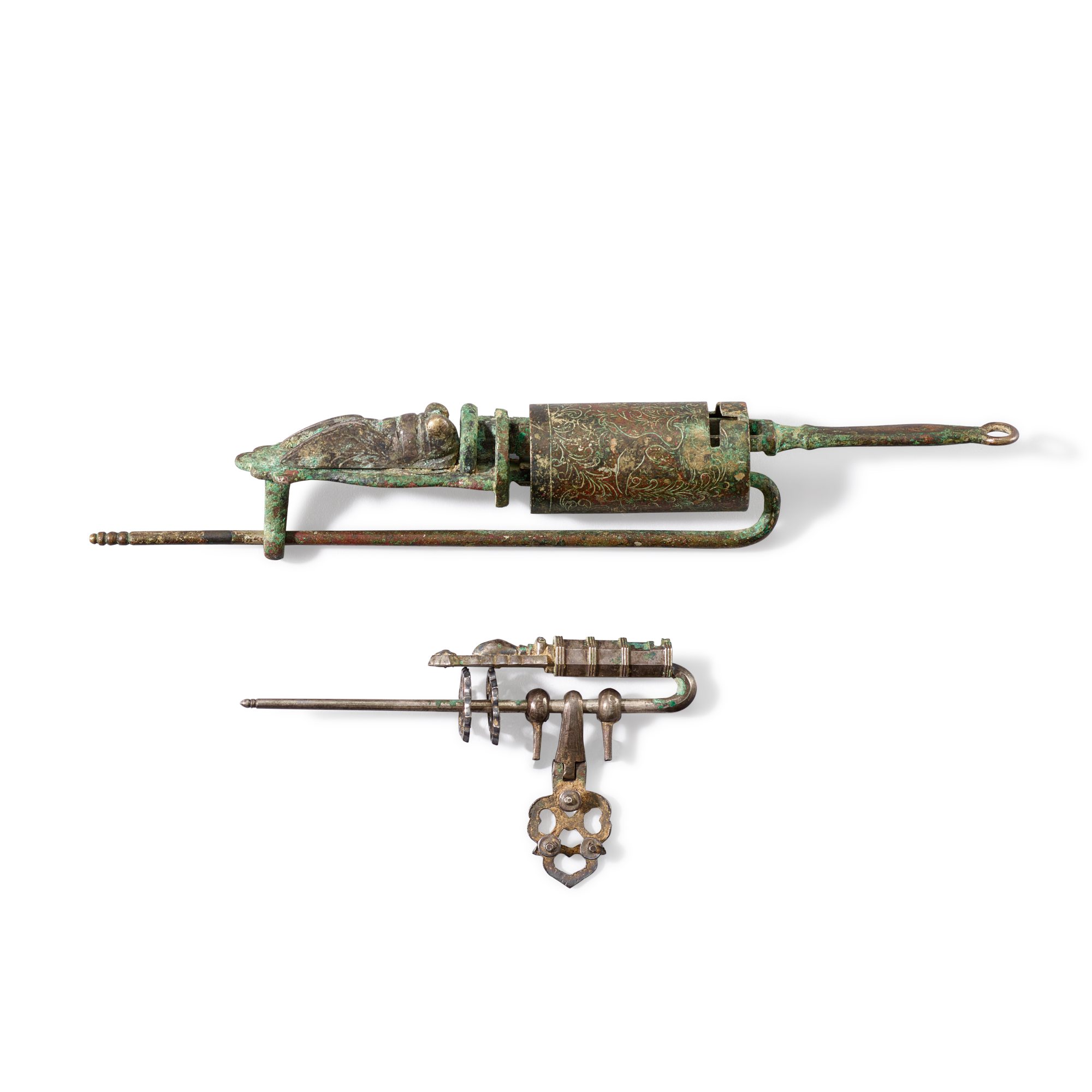 Two metal 'cicada' locking mechanisms, Tang dynasty | 唐 青銅及銀蟬紋鎖具兩組 ...