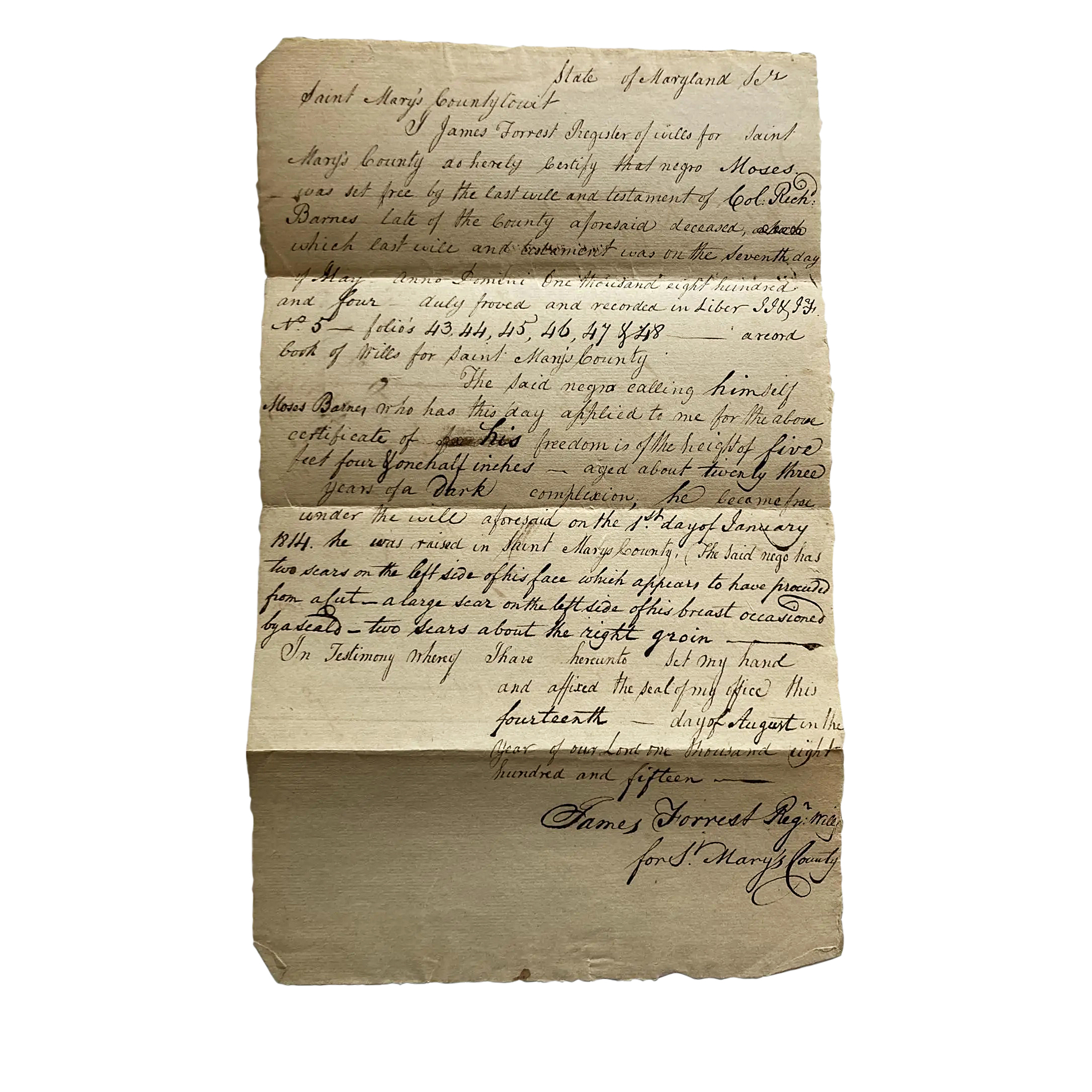 Antique Certificate Of Freedom To Moses Barnes Signed Available For ...
