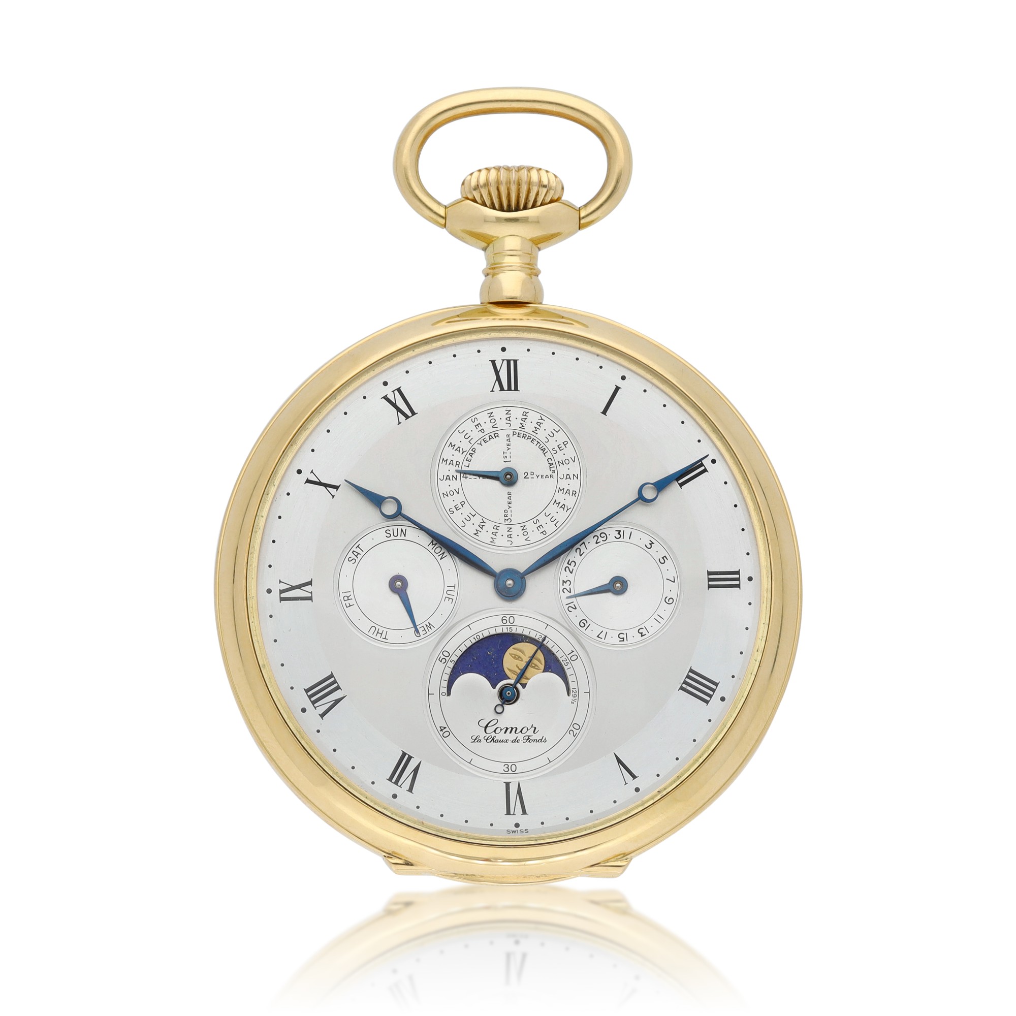 Comor, La Chaux-de-Fonds A gold open-faced keyless lever perpetual ...