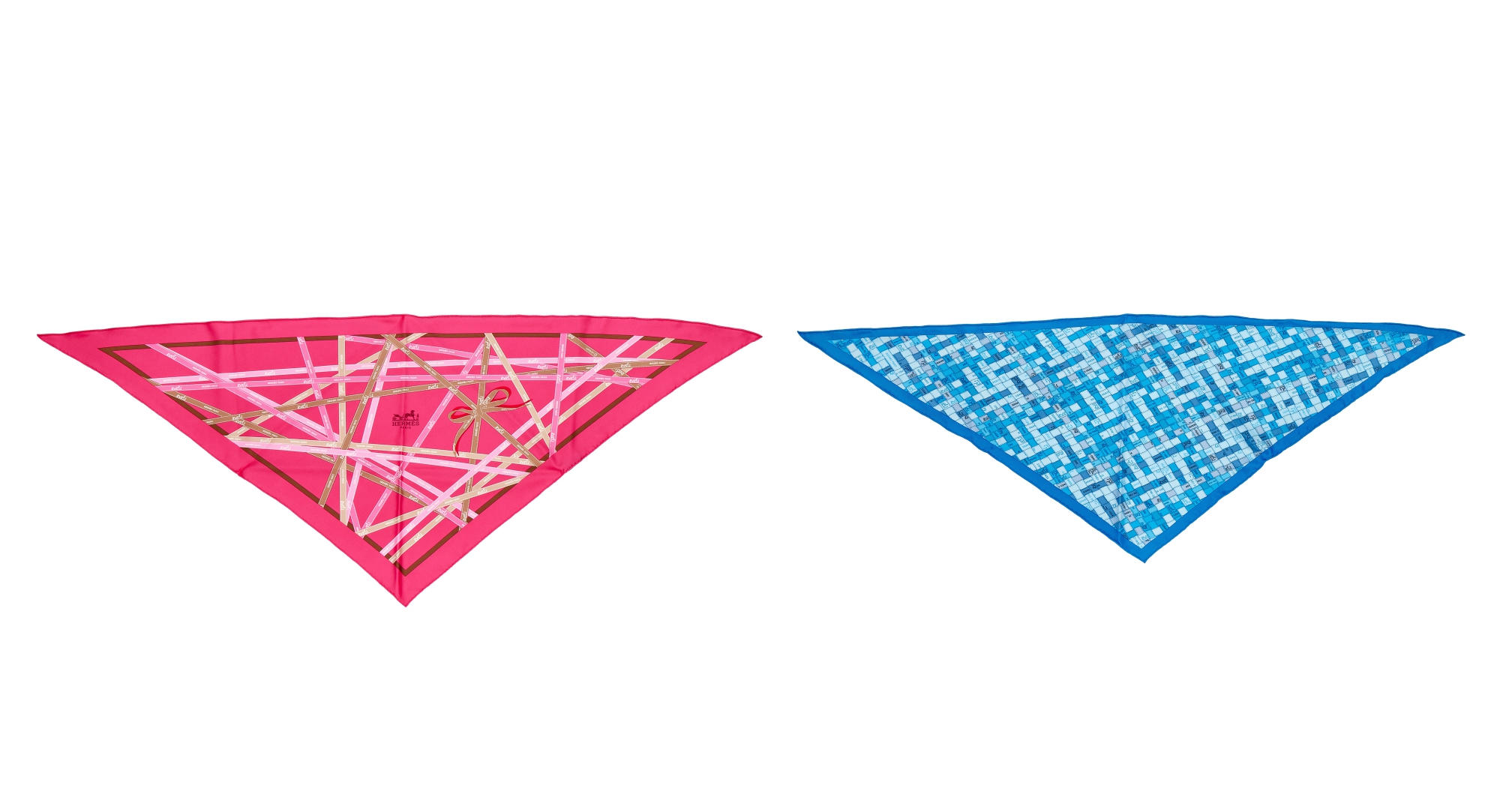 Hermès Bleu Bolduc Au Carre Silk Triangle Scarf And Pink Bolduc Pointu ...