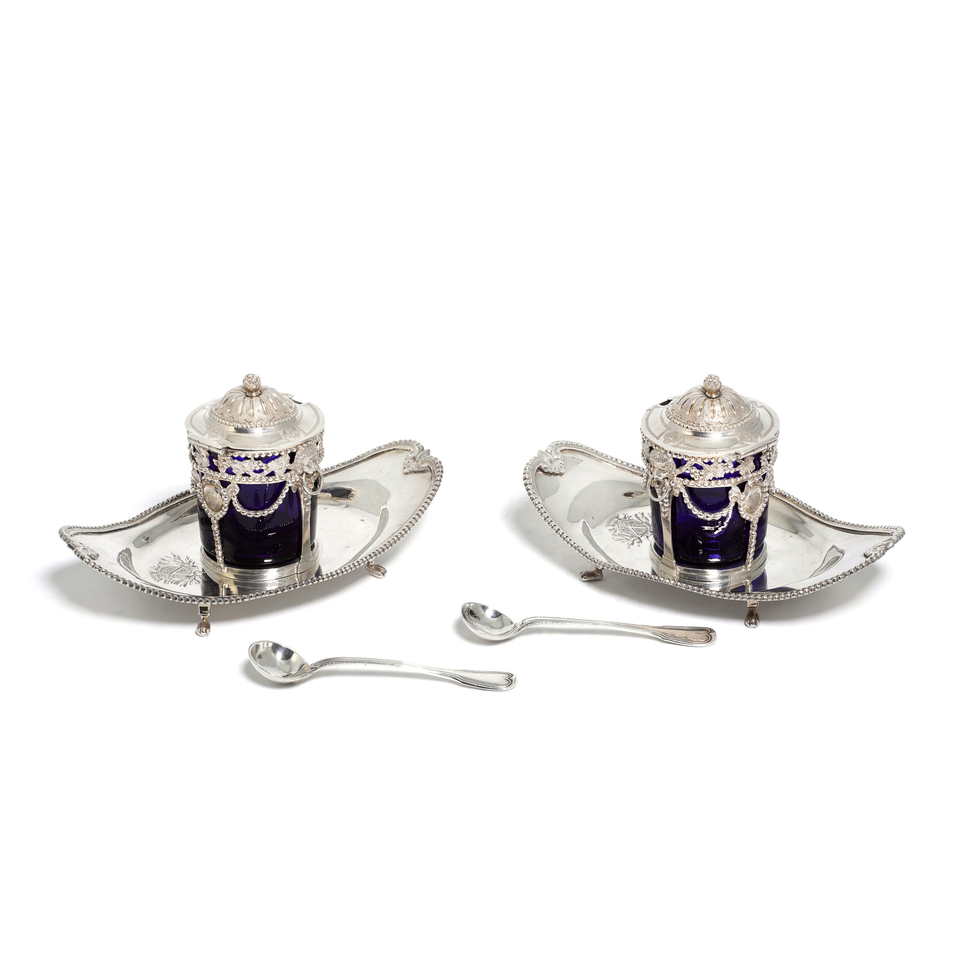 A pair of French silver mustard pots, stands and spoons in fitted case ...