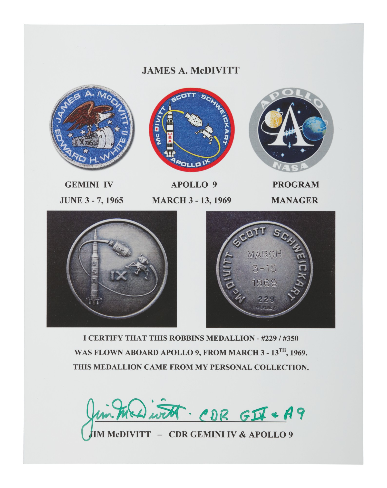 [APOLLO 9]. FLOWN ON APOLLO 9. COMMANDER JAMES MCDIVITT'S APOLLO 9 SILVER ROBBINS MEDALLION ...