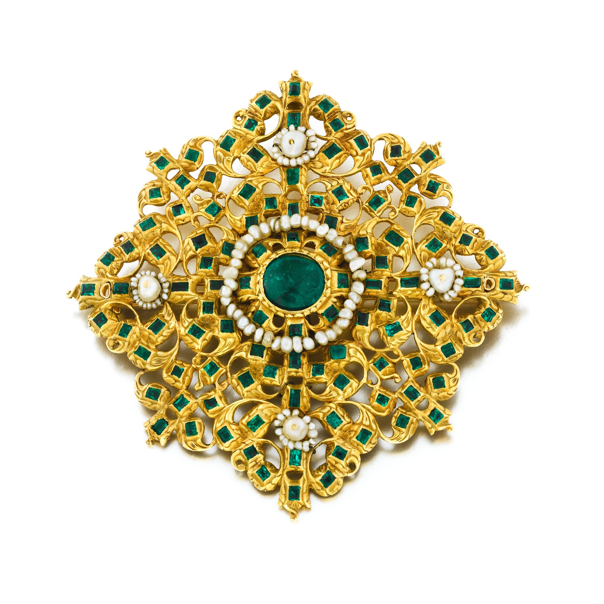 An emerald and seed pearl lozenge shaped brooch, Spanish or South ...
