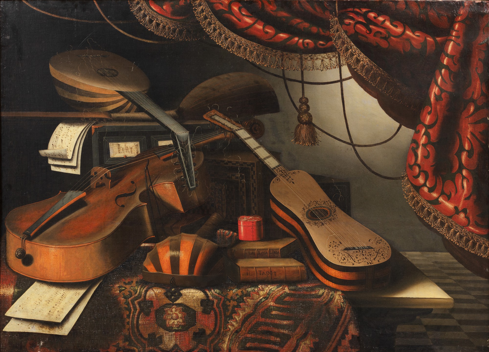 Still life with musical instruments and a red drapery; Still life with ...