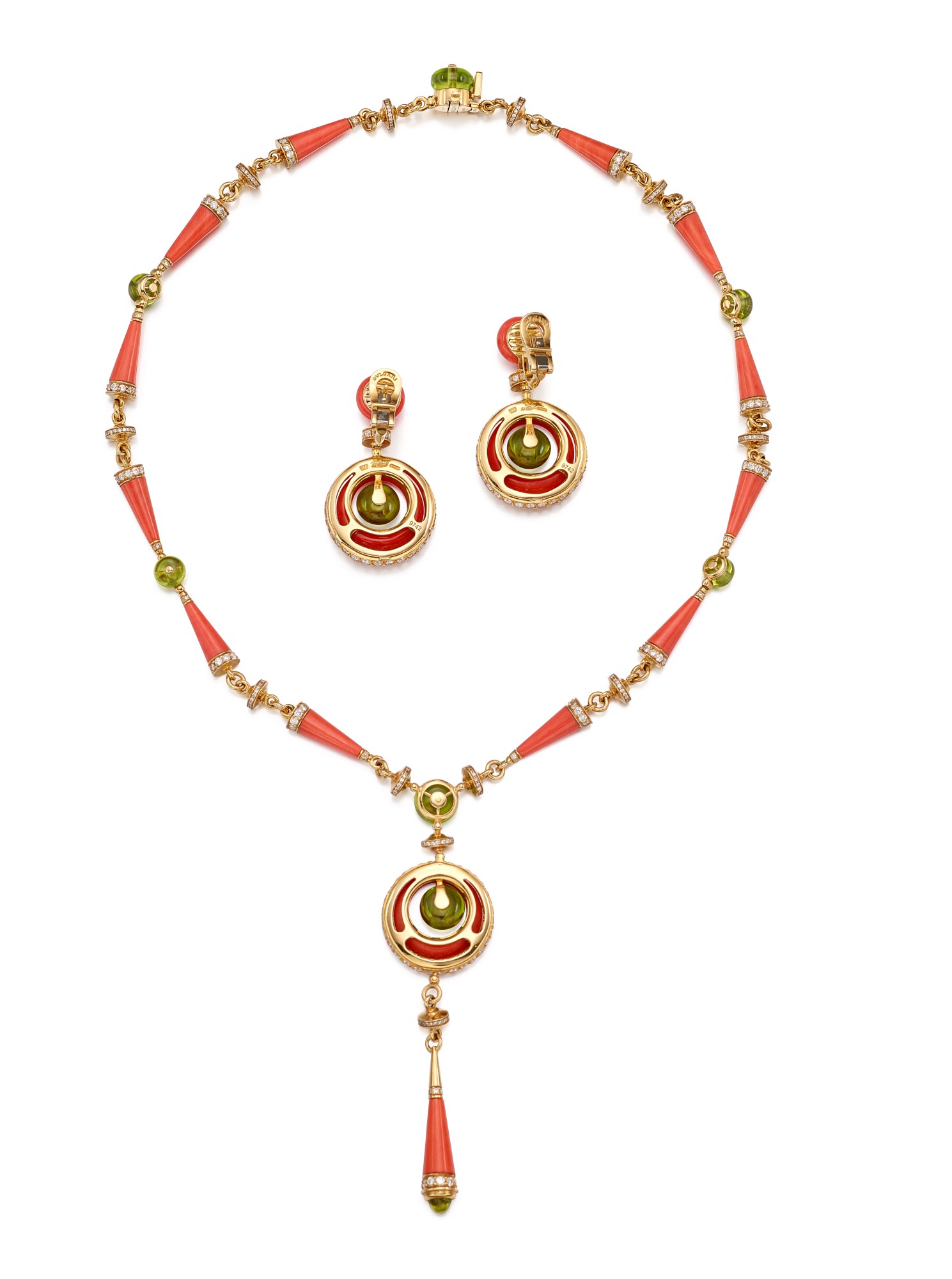 BULGARI | CORAL, PERIDOT AND DIAMOND DEMI-PARURE | 寶格麗 珊瑚 配 橄欖石 及 鑽石 ...