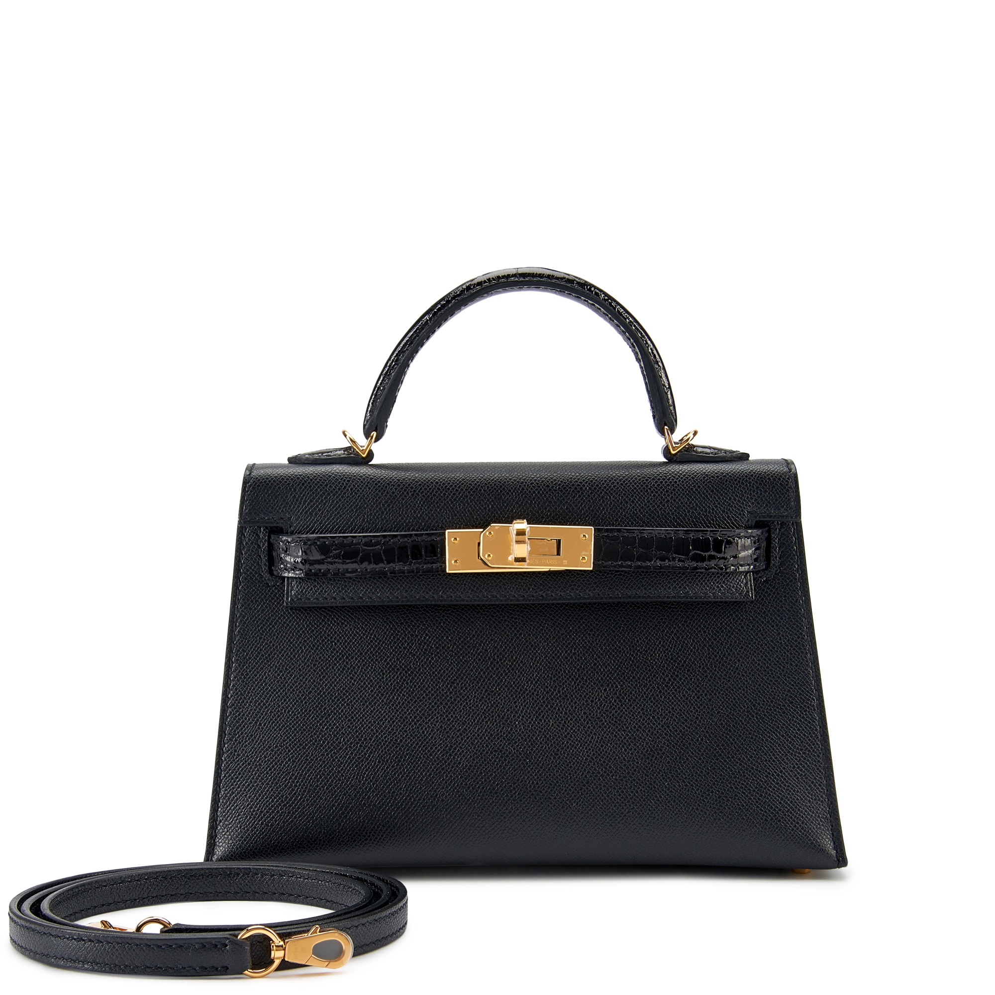 Black Madame and Shiny Alligator Touch Mini Kelly II 20 Gold Hardware ...