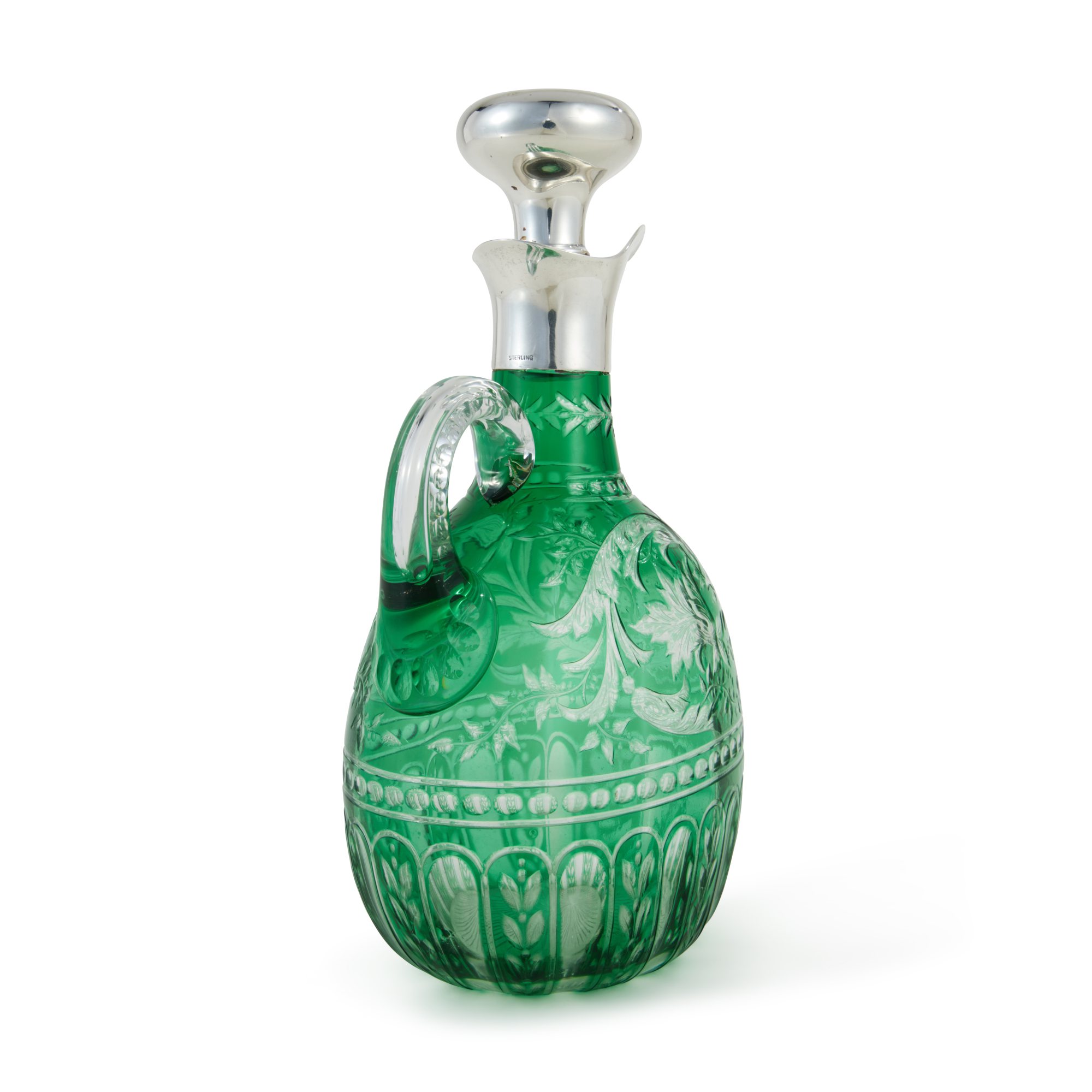 An English Intaglio-Cut Overly Cased Green Glass Claret Jug with ...