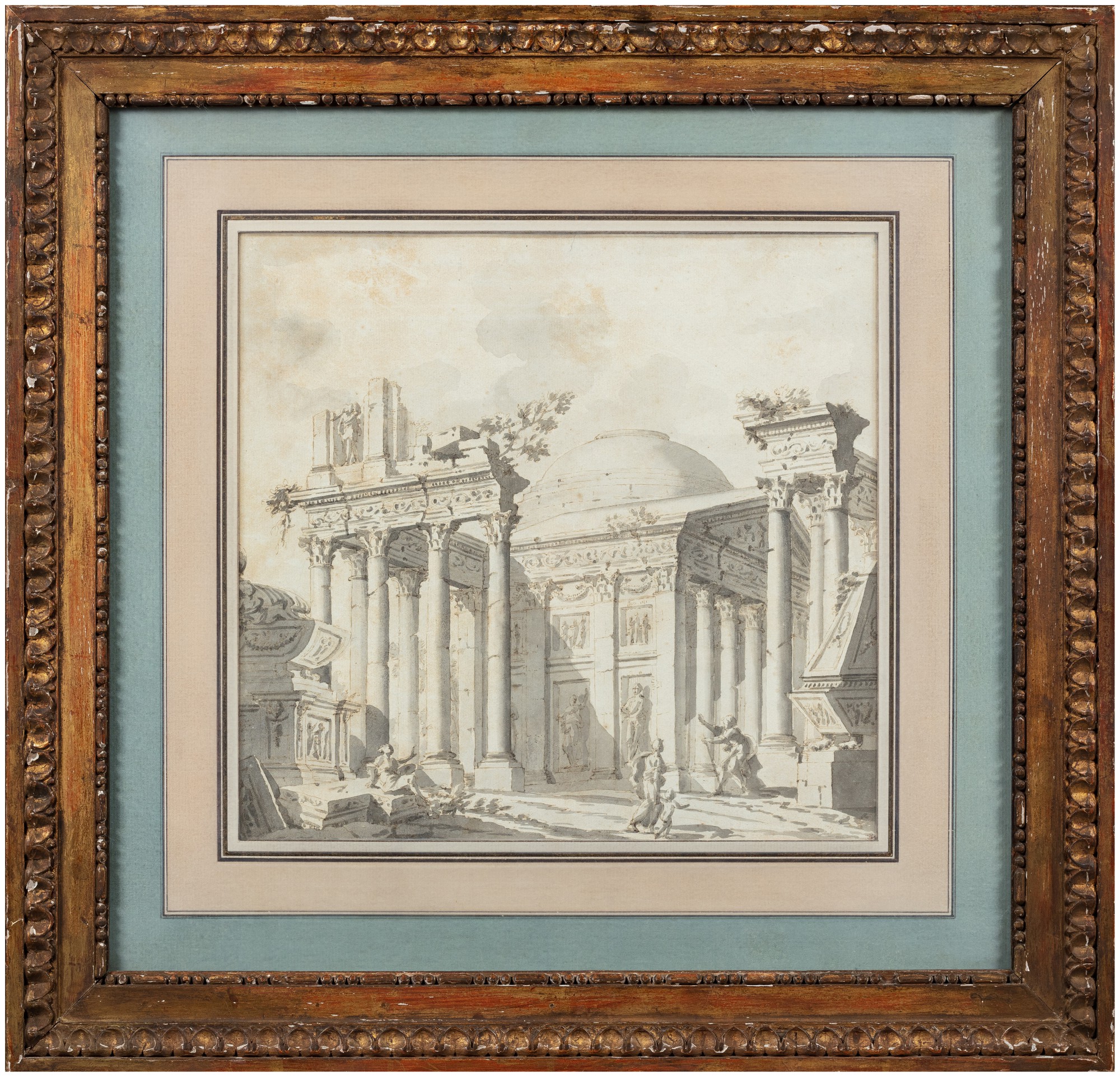 Recto: Figures amongst Roman ruins Verso: Design for a fountain with ...