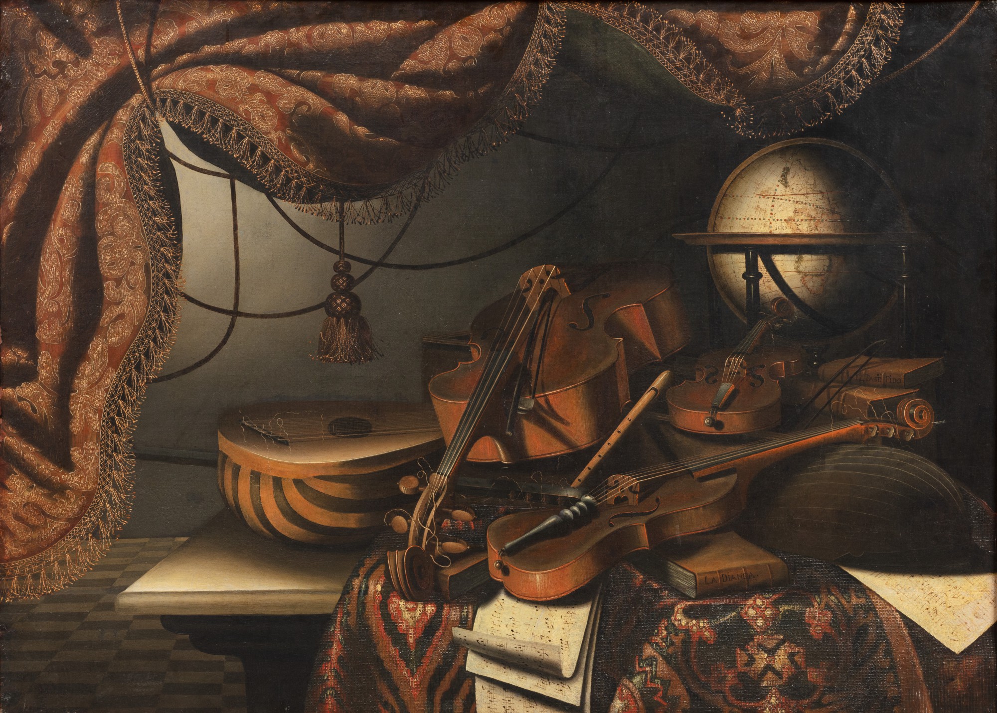 Still life with musical instruments and a red drapery; Still life with ...