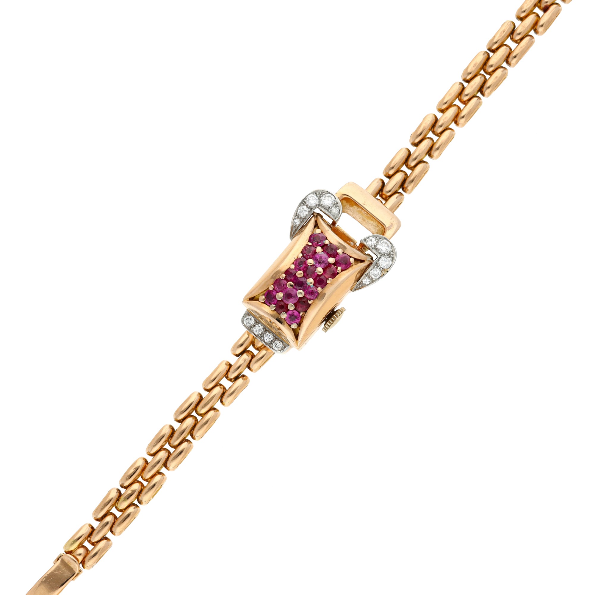 A pink gold diamond and ruby-set concealed bracelet watch, Circa 1940 ...