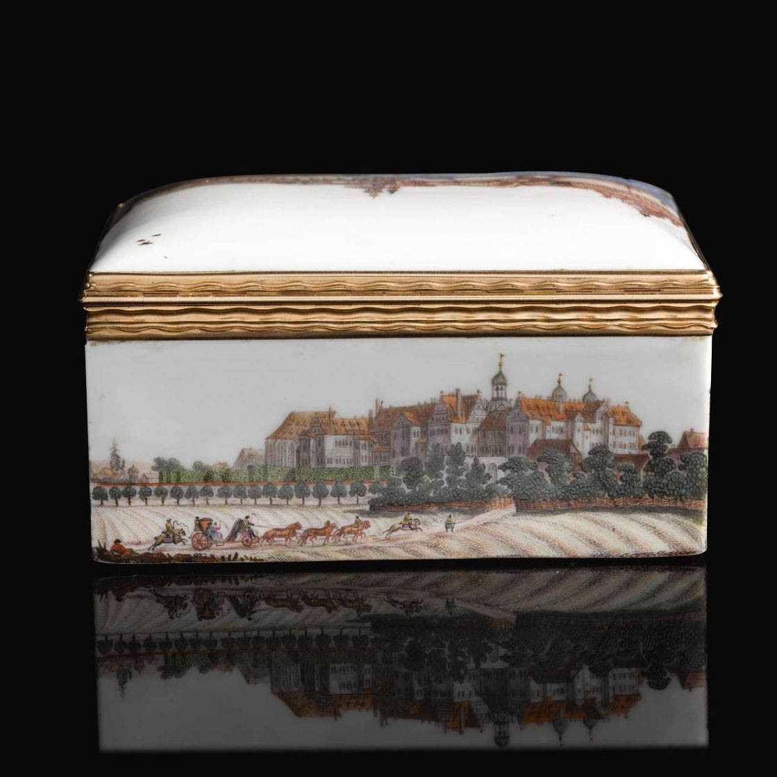 A gold-mounted Meissen porcelain topographical snuff-box, Circa 1750 ...