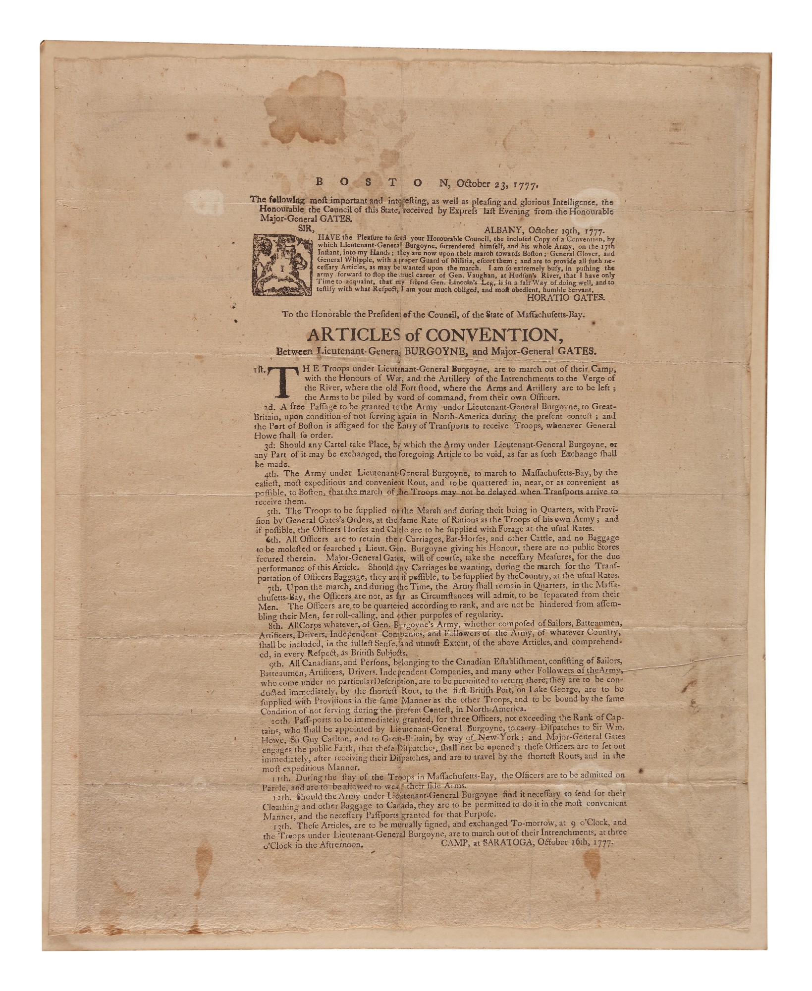 Gates, Horatio. A very rare broadside printing of Gates's Articles of ...