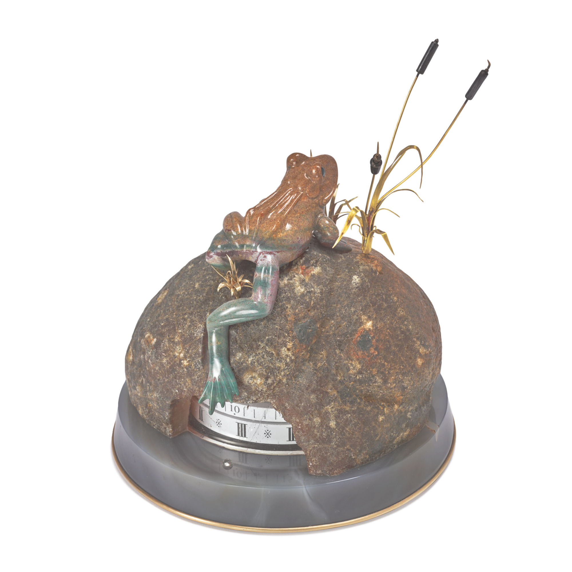 A GERMAN HARDSTONE, GOLD, AND GEM-SET FROG CLOCK, MANFRED WILD, IDAR ...