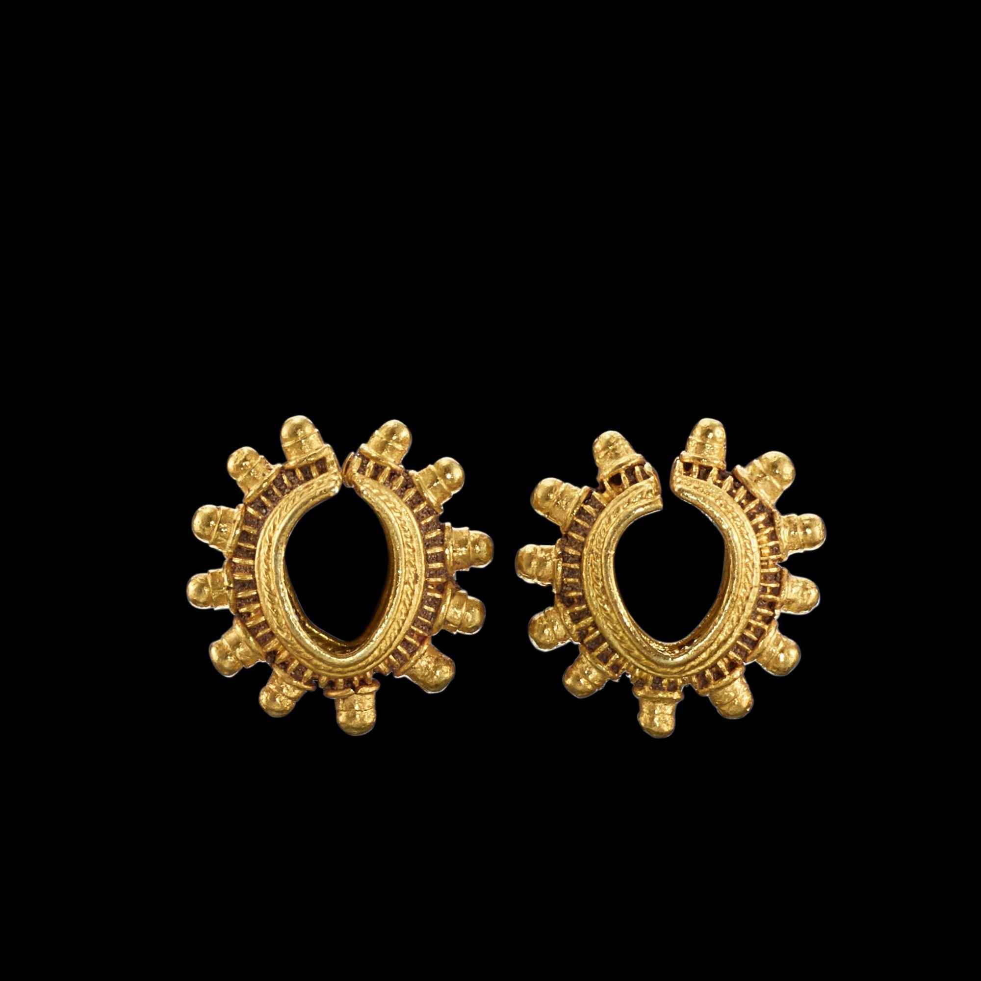 A pair of granulated solid gold earrings Java, Indonesia, 7th - 12th ...