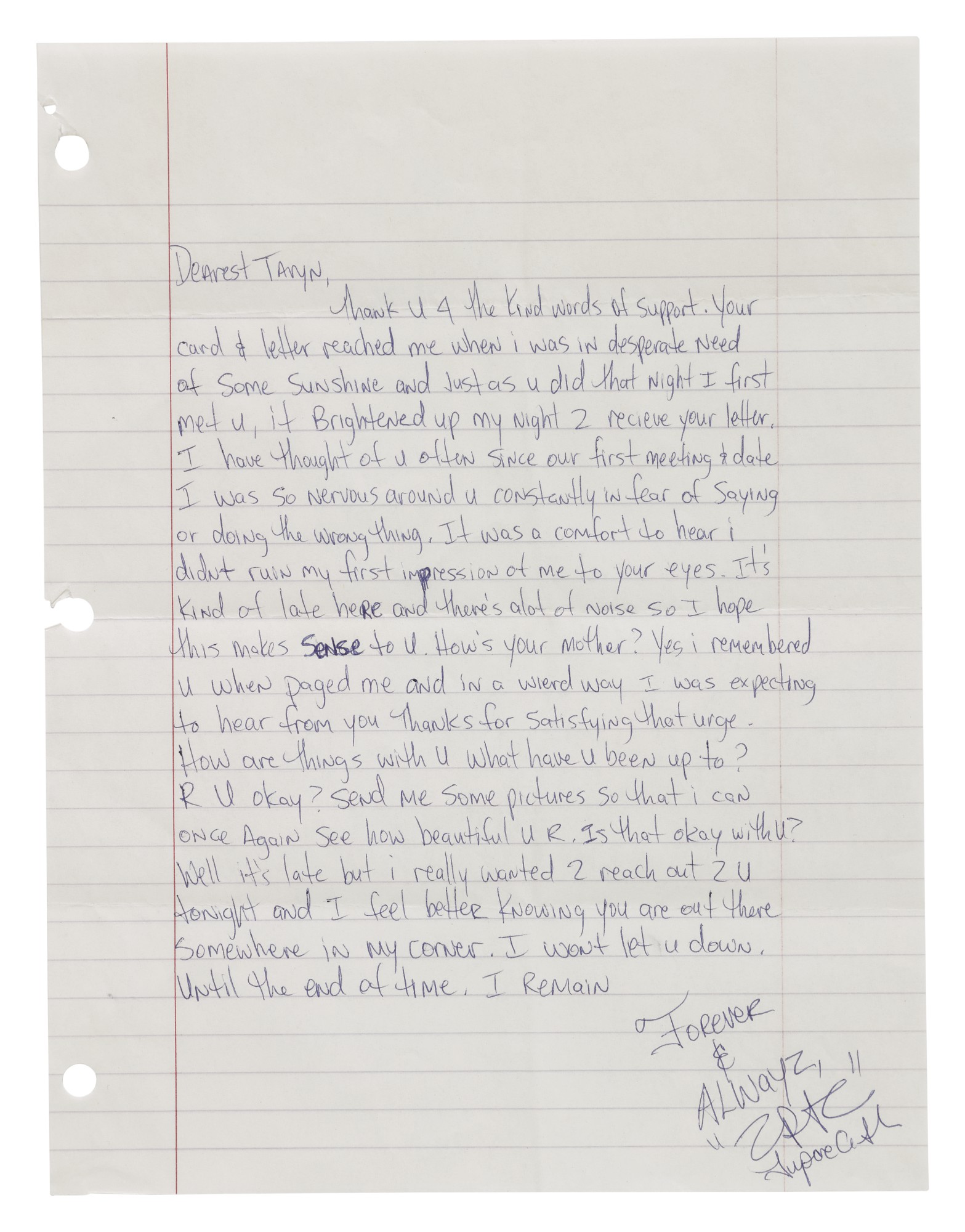 TUPAC SHAKUR | AUTOGRAPH LETTER SIGNED, NEW YORK, 1995. | Hip Hop ...