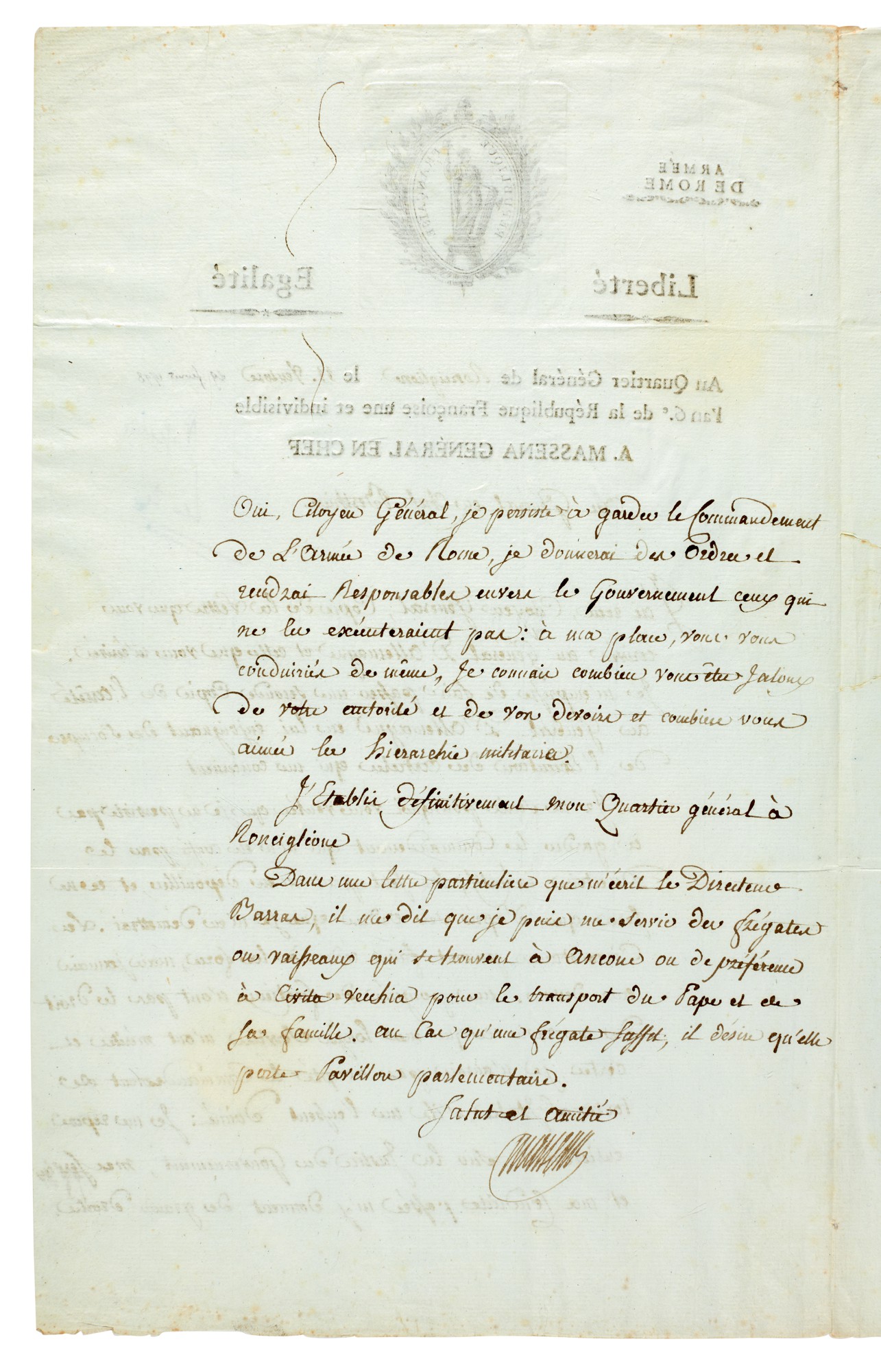 MASSENA, Marshal of France | letter signed, to General Berthier, 1798 ...