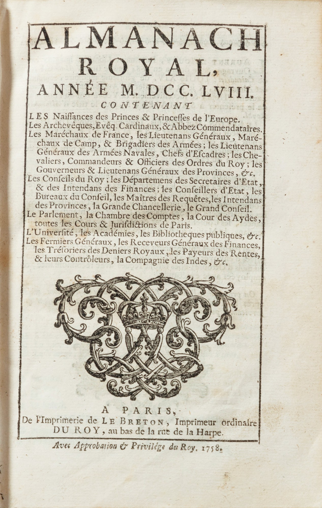 ALMANACH ROYAL, ANNÉE 1758. PARIS, LE BRETON, 1758. | Sylvain Lévy ...
