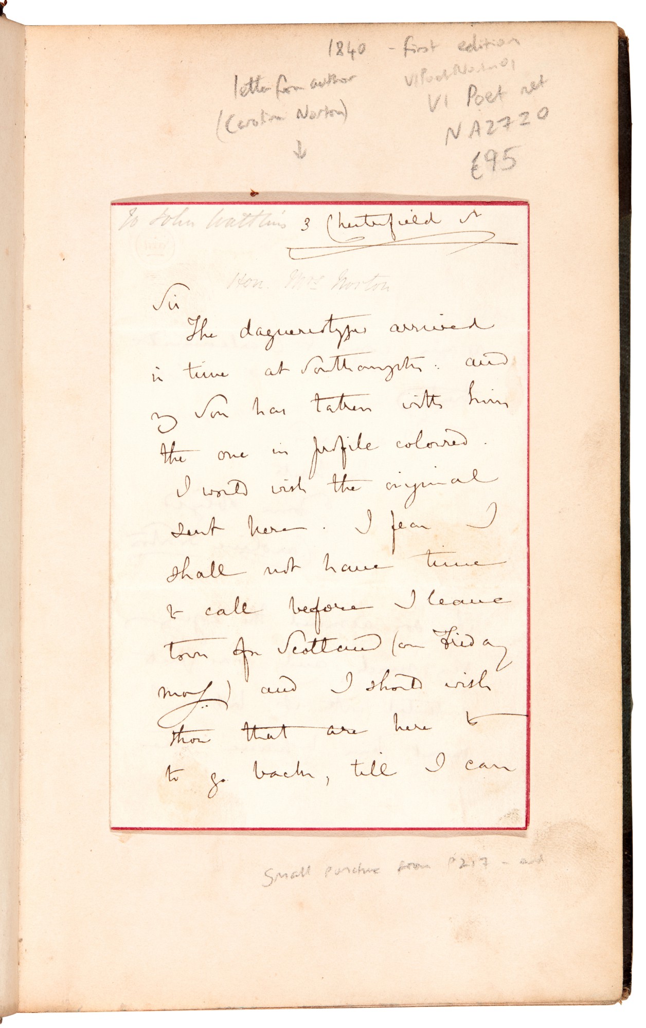 Caroline Norton | Two autograph letters signed, to John Watkins, with a ...