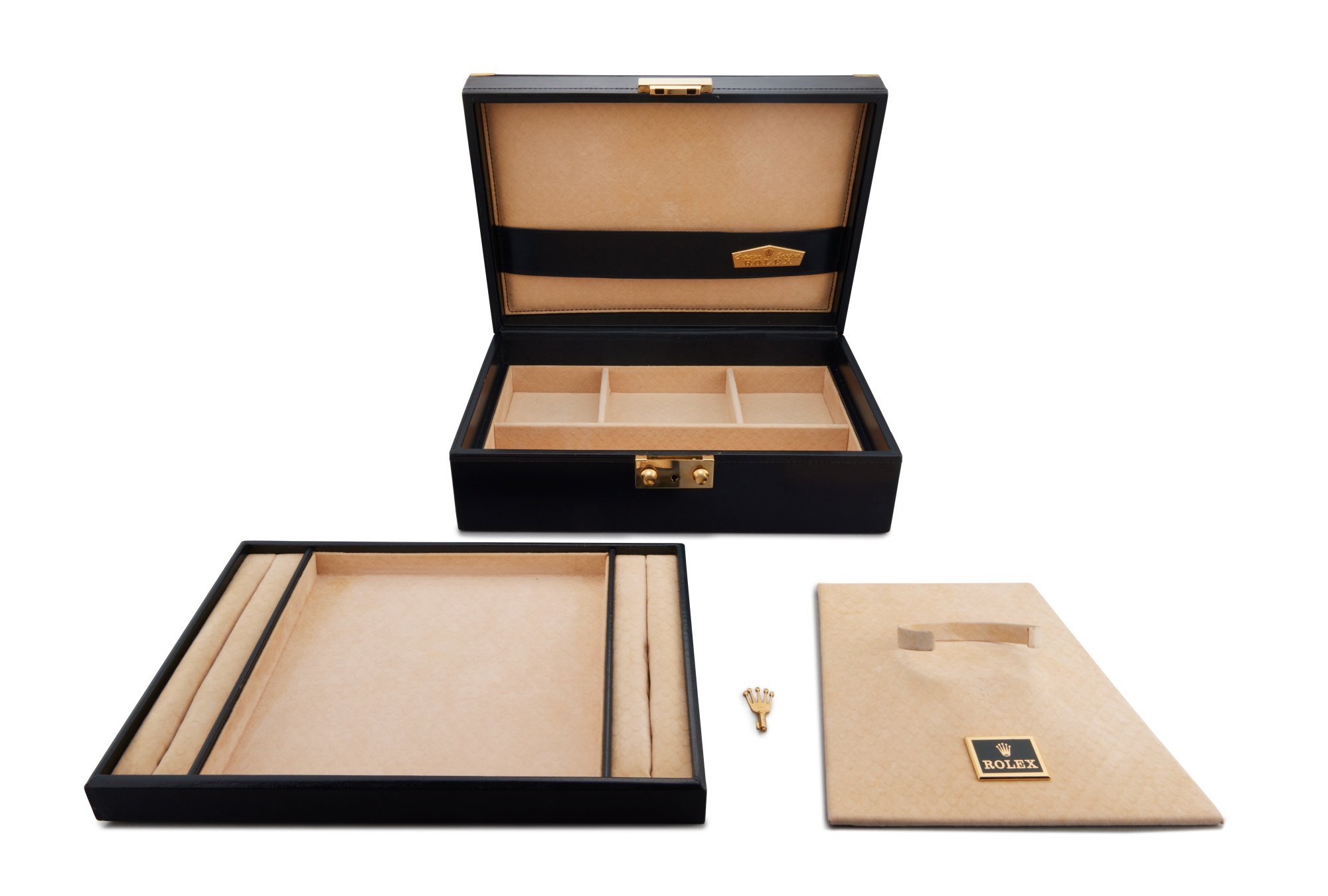 A leather presentation watch box with jewelry storage, Circa 1985 ...